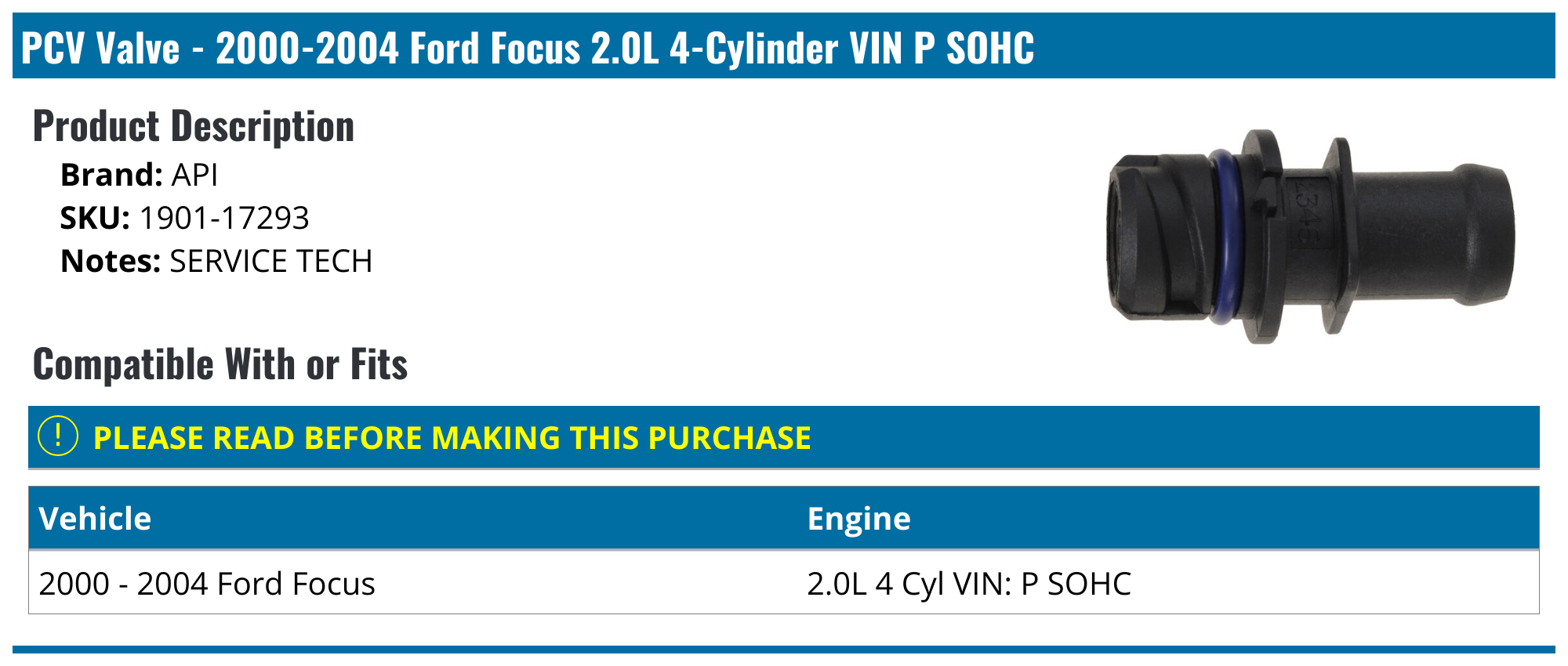 2000-2004 Ford Focus PCV Valve - API 5417-07603701 - - PartsGeek.com