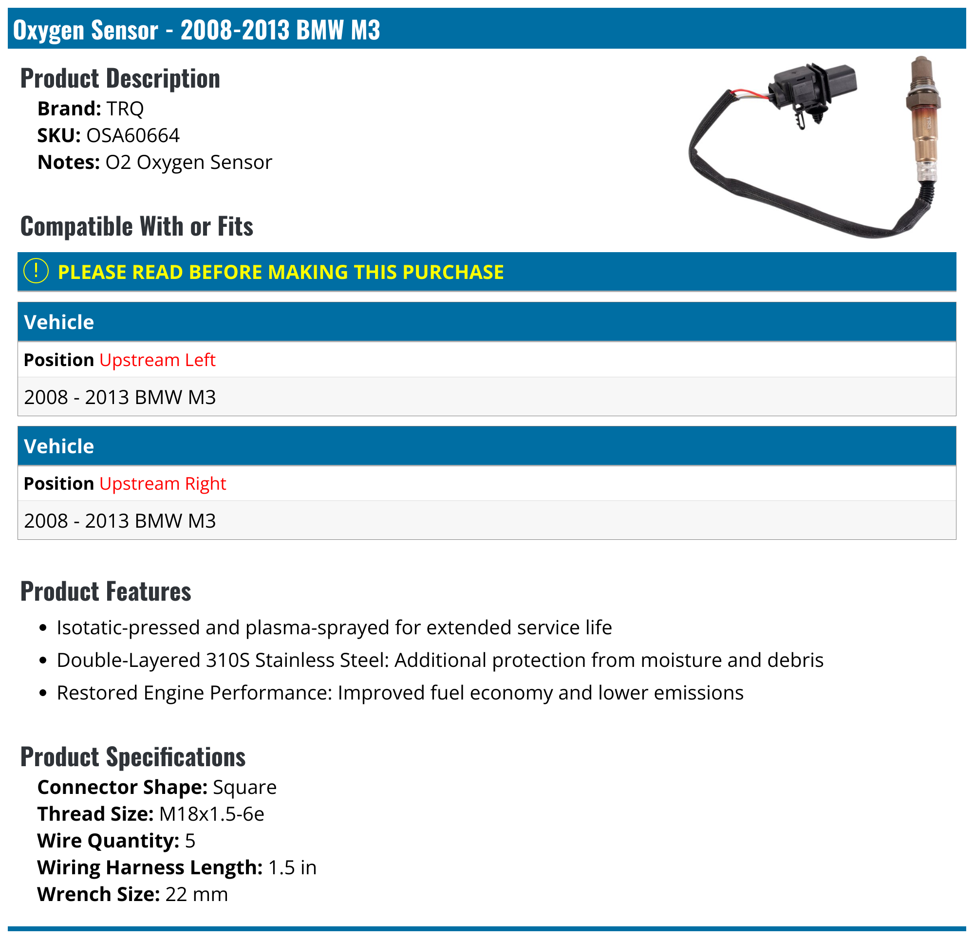 2008-2013 BMW M3 Oxygen Sensor - TRQ OSA60664 - Upstream Left ...