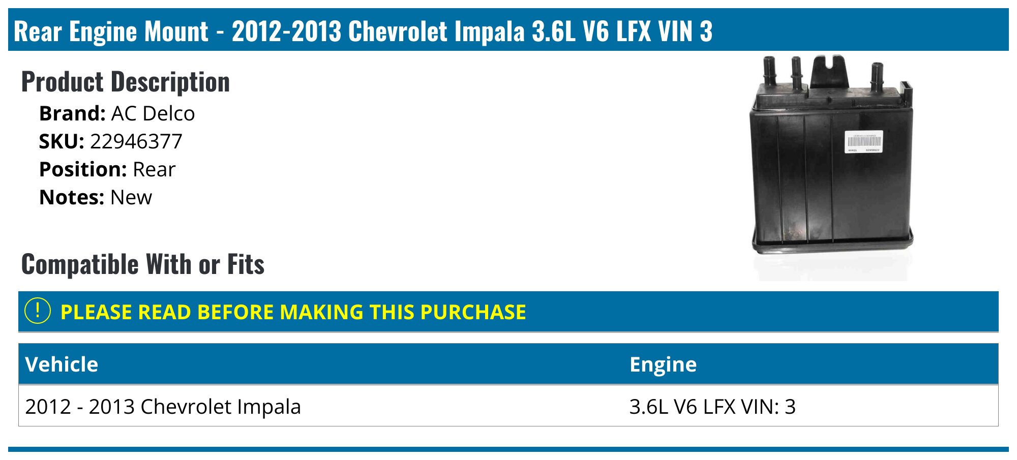 2012-2013 Chevrolet Impala Engine Mount - AC Delco 22946377 - Rear ...