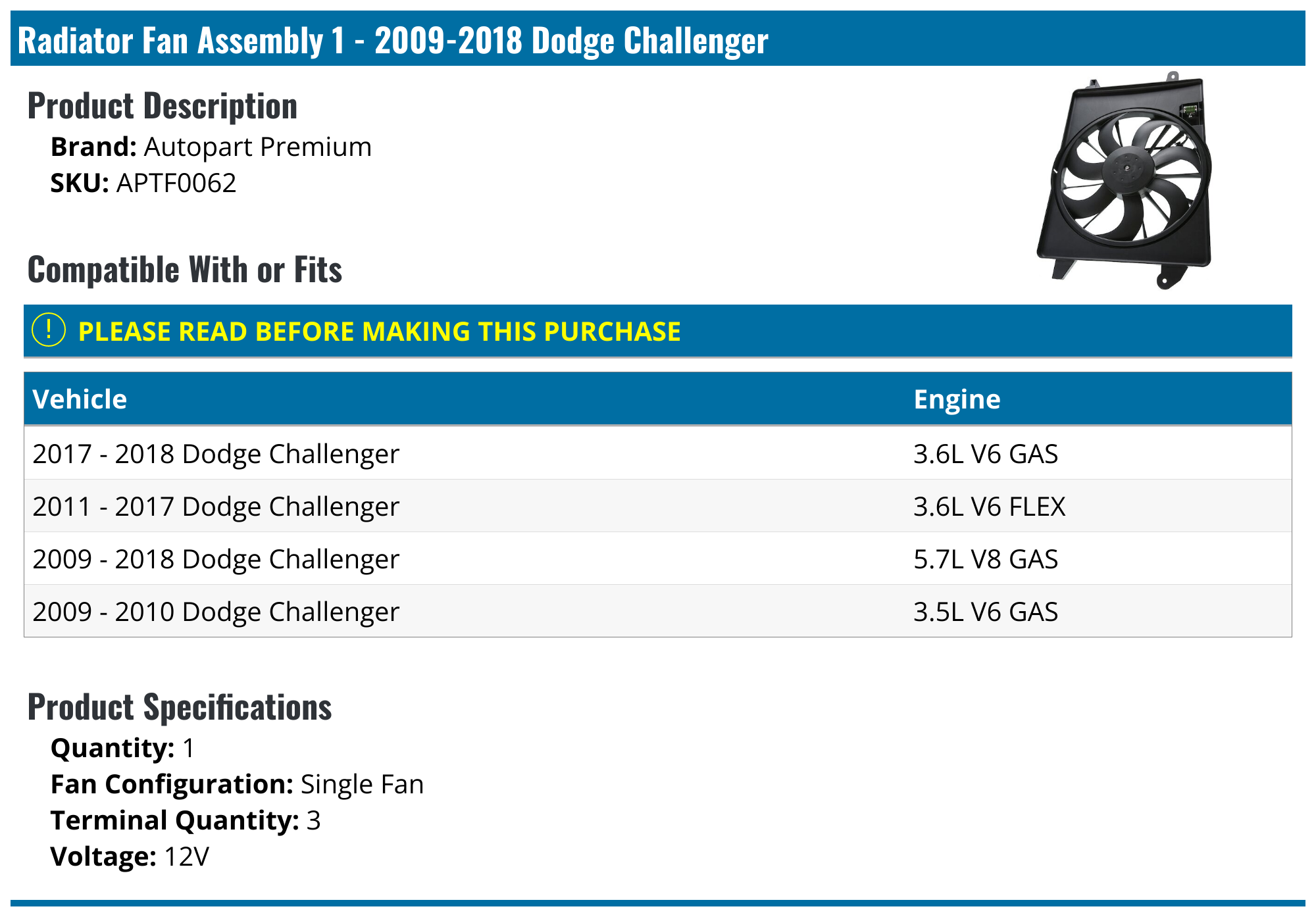 2009-2018 Dodge Challenger Radiator Fan Assembly - Autopart Premium ...