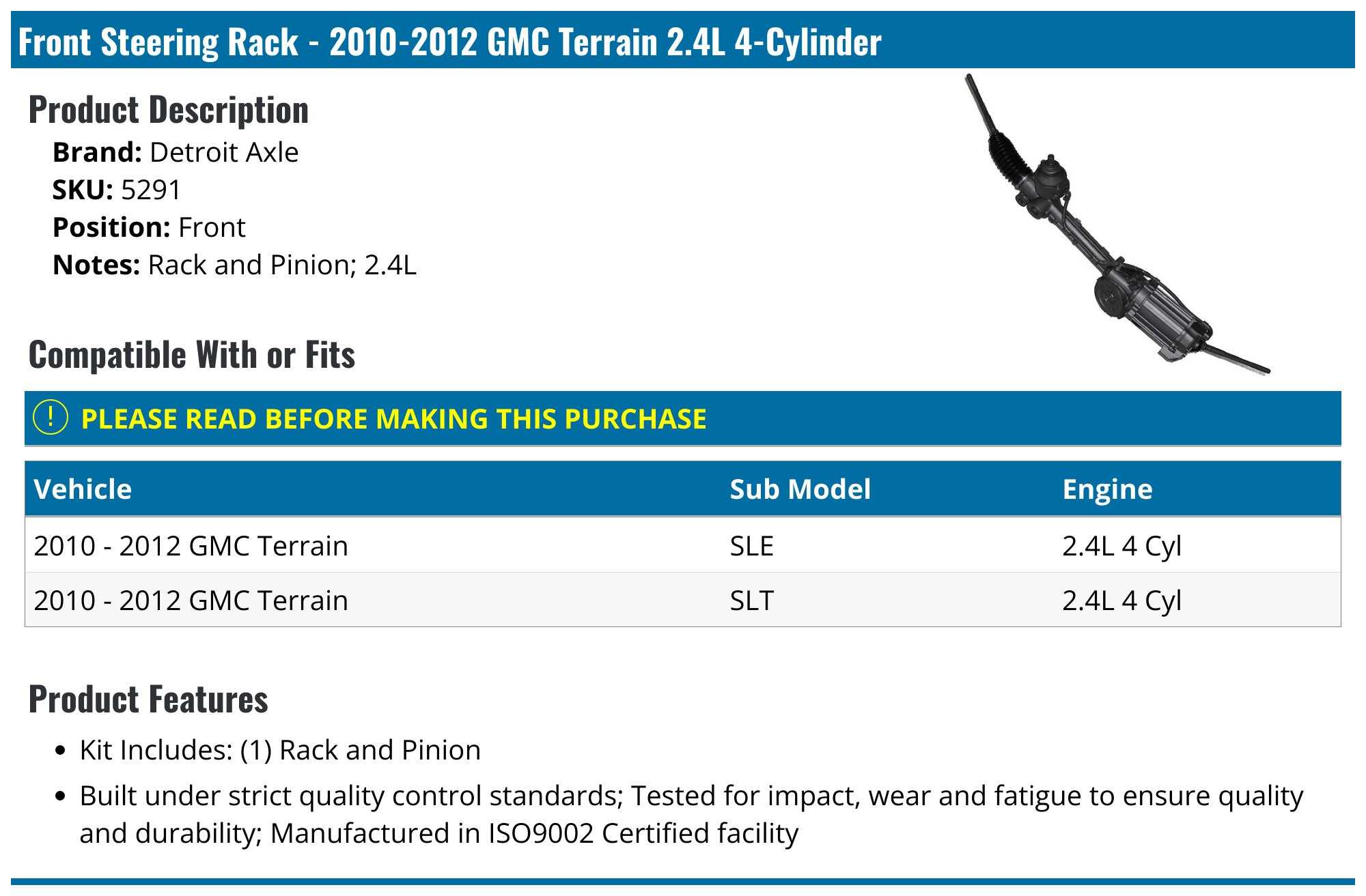2010-2012 GMC Terrain Steering Rack - Detroit Axle 5291 - Front ...