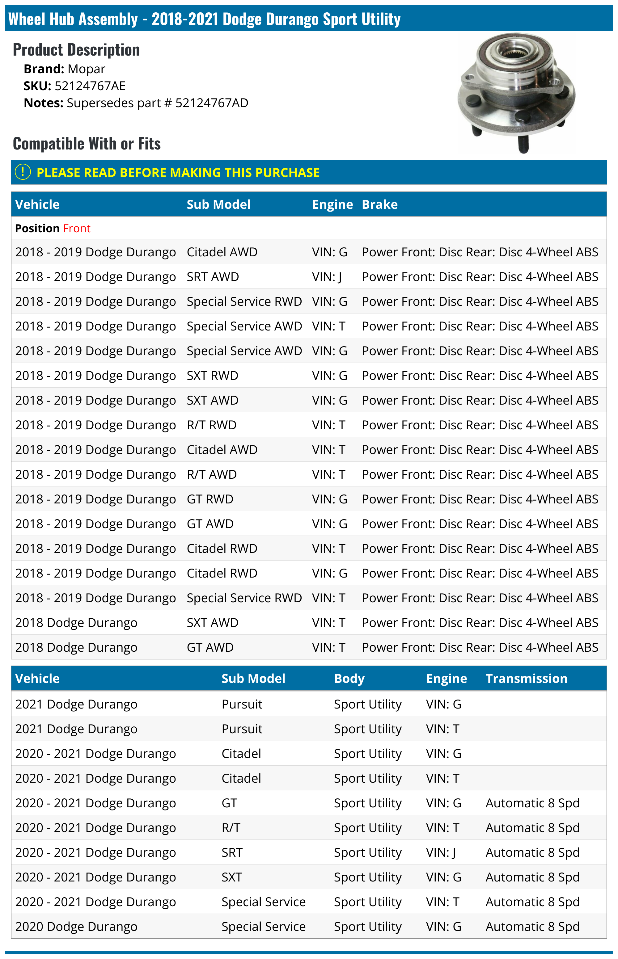 2018-2021, 2024 Dodge Durango Wheel Hub Assembly - Mopar 52124767AE ...