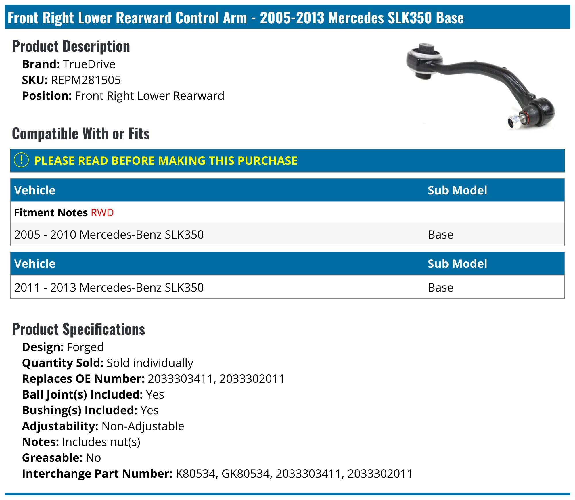 2005-2010 Mercedes SLK350 Control Arm - TrueDrive REPM281505 - Front ...