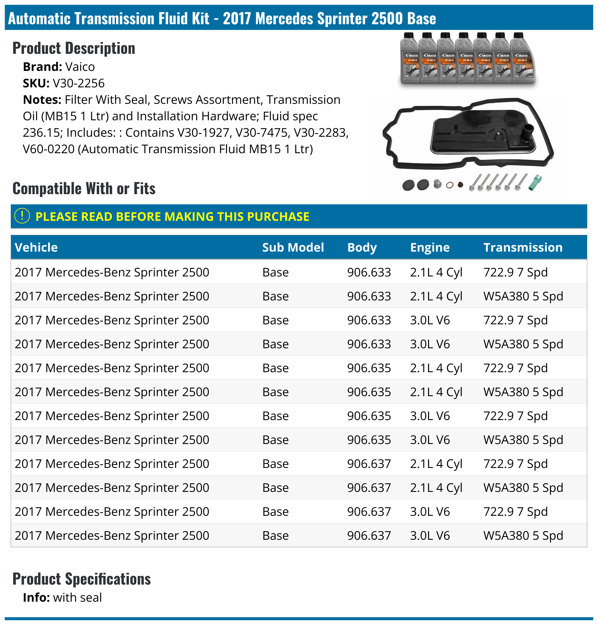 2019-2021 Mercedes Sprinter 2500 Automatic Transmission Fluid Kit ...