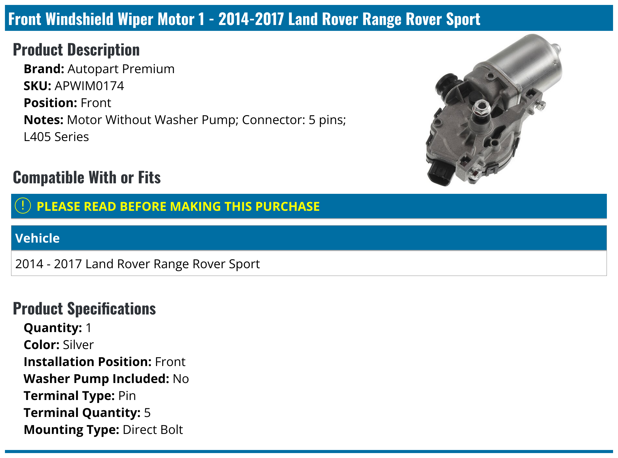 2014-2017 Land Rover Range Rover Sport Windshield Wiper Motor ...