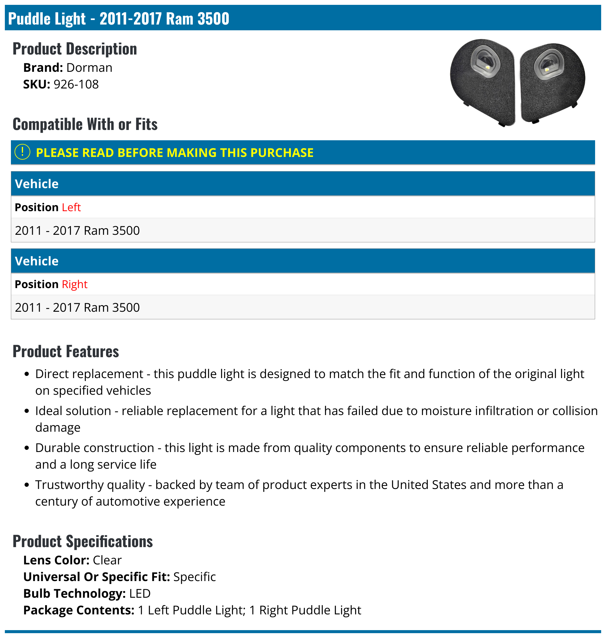 2011-2017 Ram 3500 Puddle Light - Dorman 926-108 - Right - PartsGeek.com