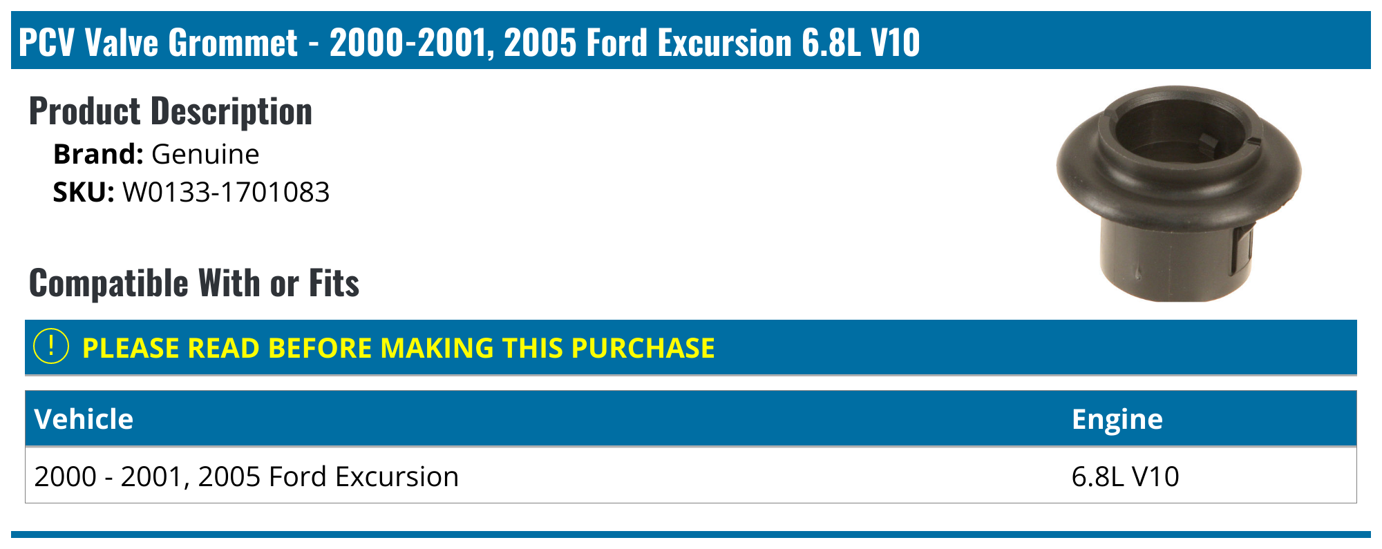2000-2001, 2005 Ford Excursion PCV Valve Grommet - Genuine W0133 ...