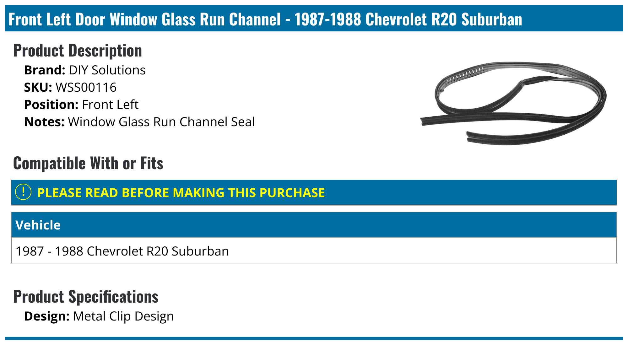 1987-1988 Chevrolet R20 Suburban Door Window Glass Run Channel - DIY ...