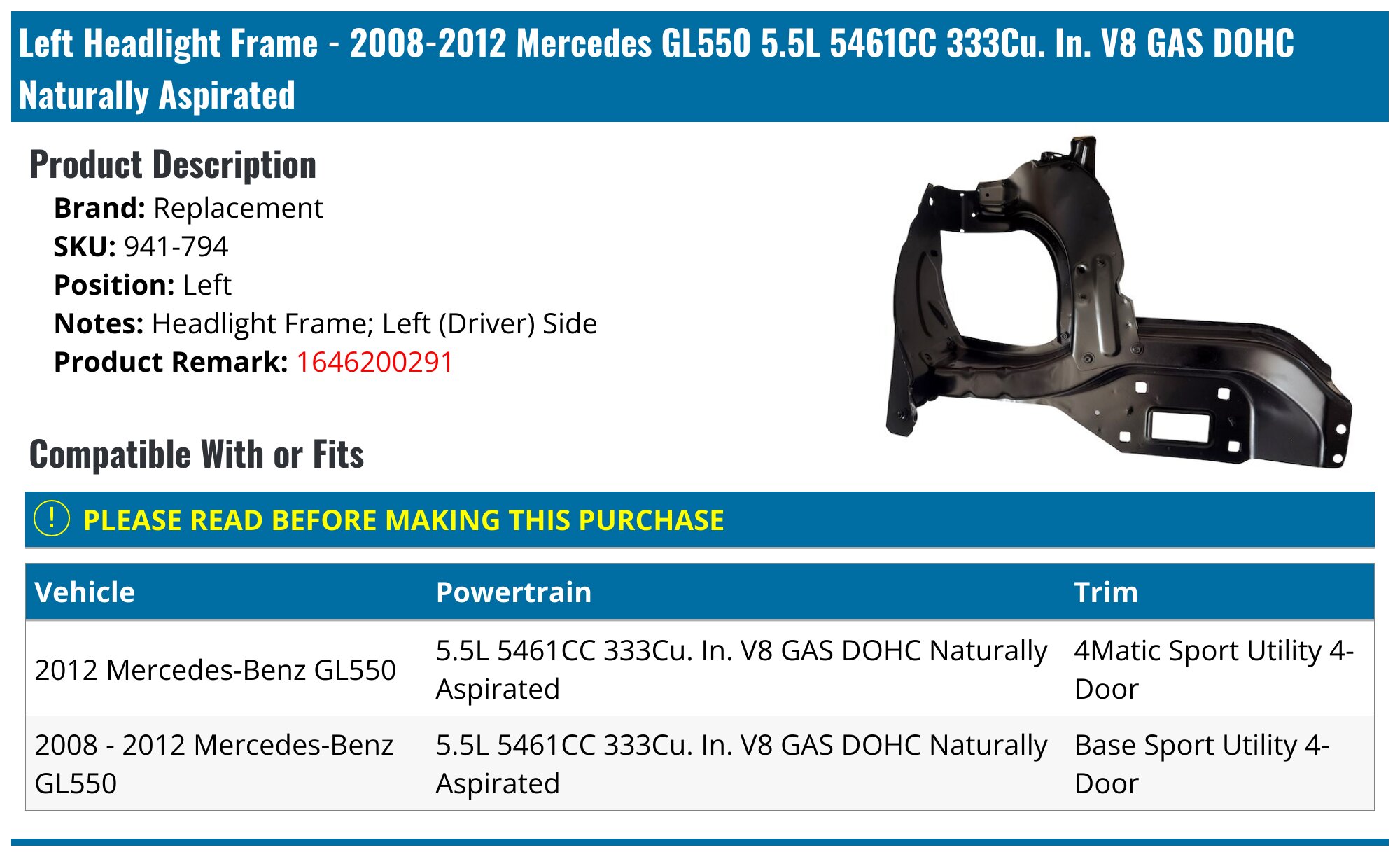 2008-2012 Mercedes GL550 Headlight Frame - Replacement 941-794 - Left ...