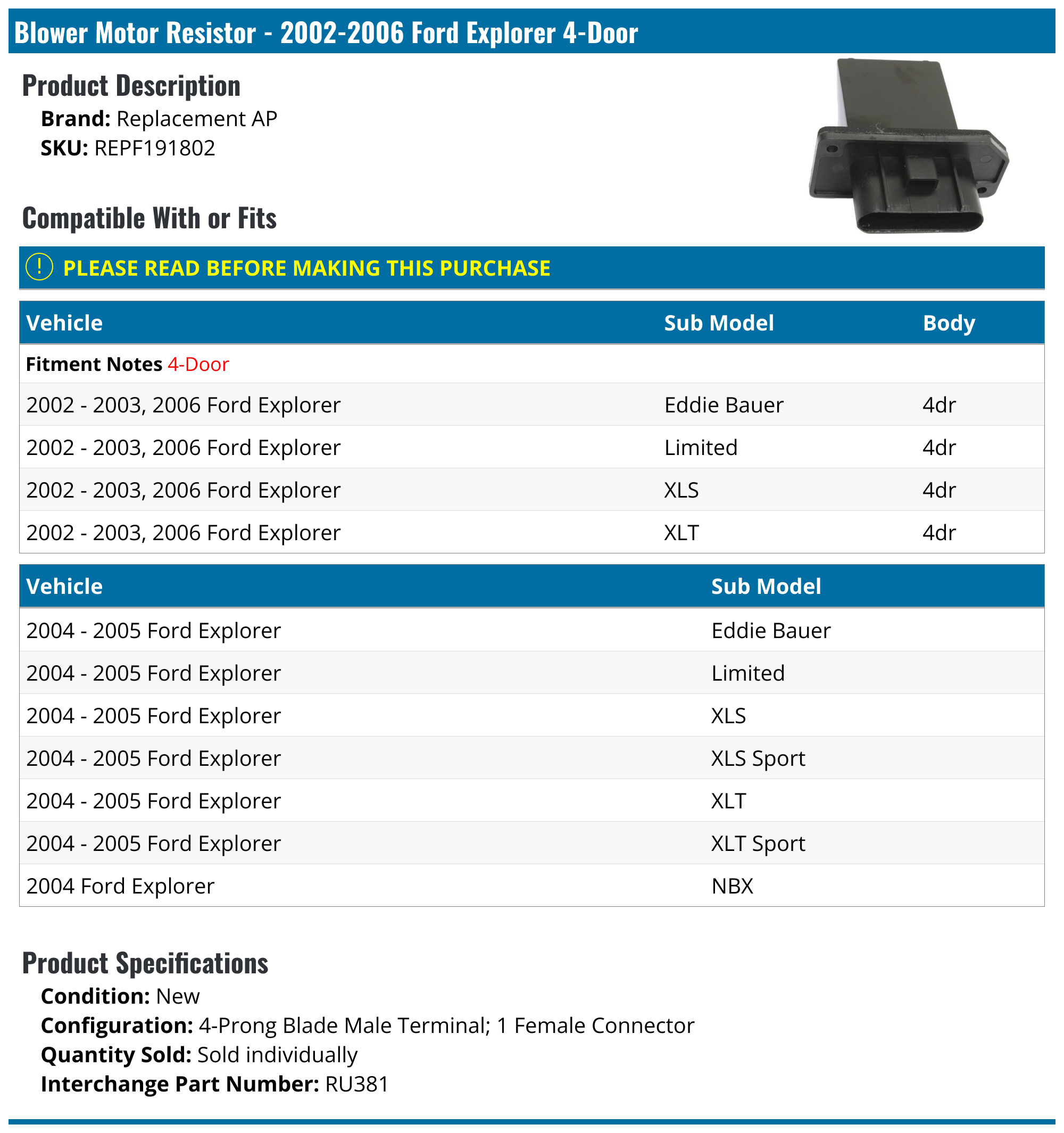 2002-2006 Ford Explorer Blower Motor Resistor - Replacement AP ...