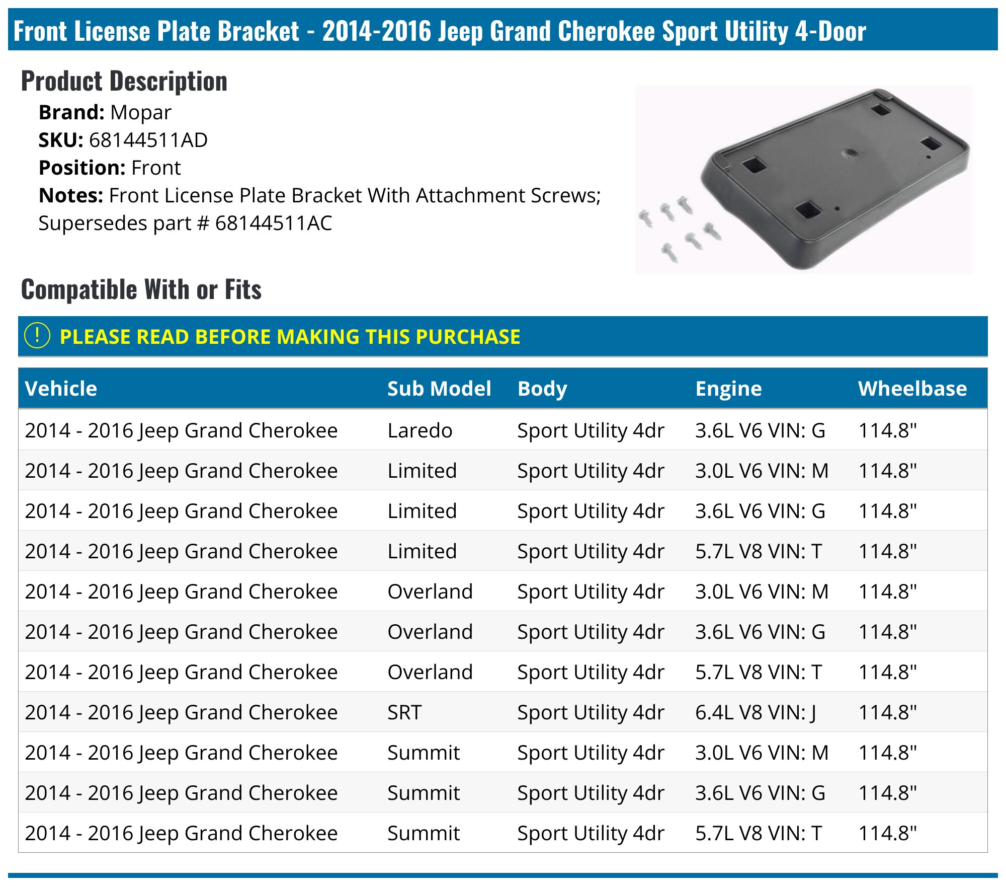2014-2016 Jeep Grand Cherokee License Plate Bracket - Mopar 68144511AD ...