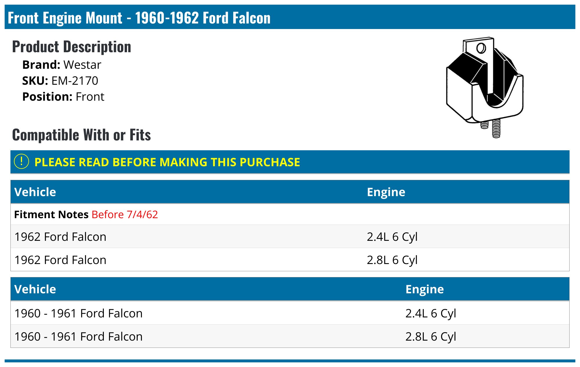 1960-1962 Ford Falcon Engine Mount - Westar EM-2170 - Front - PartsGeek.com