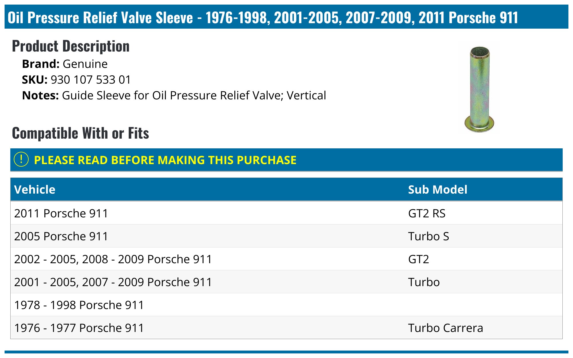 1976-1998, 2001-2005, 2007-2009, 2011 Porsche 911 Oil Pressure Relief ...
