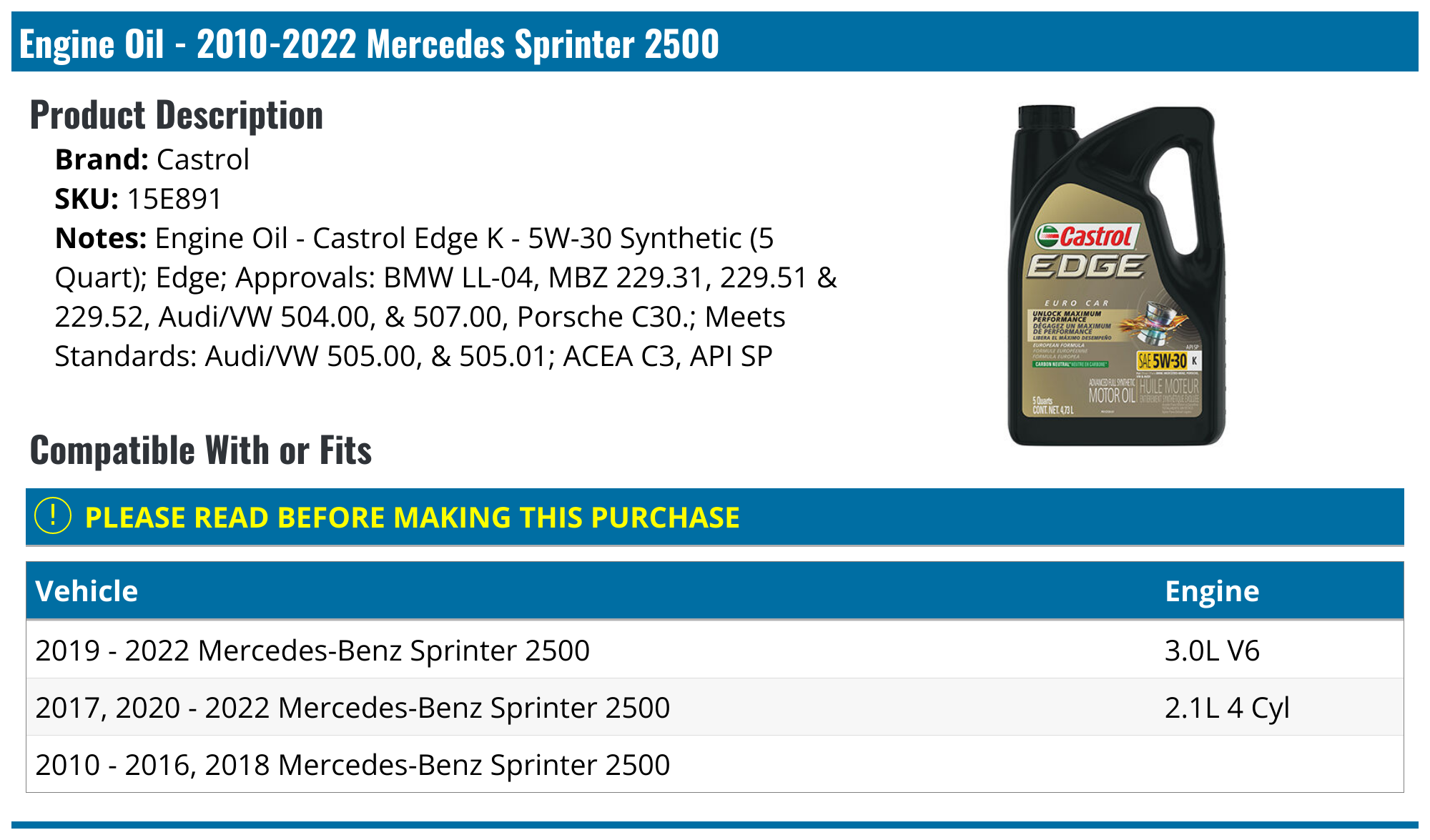 2010-2025 Mercedes Sprinter 2500 Engine Oil - Castrol 15E891 ...