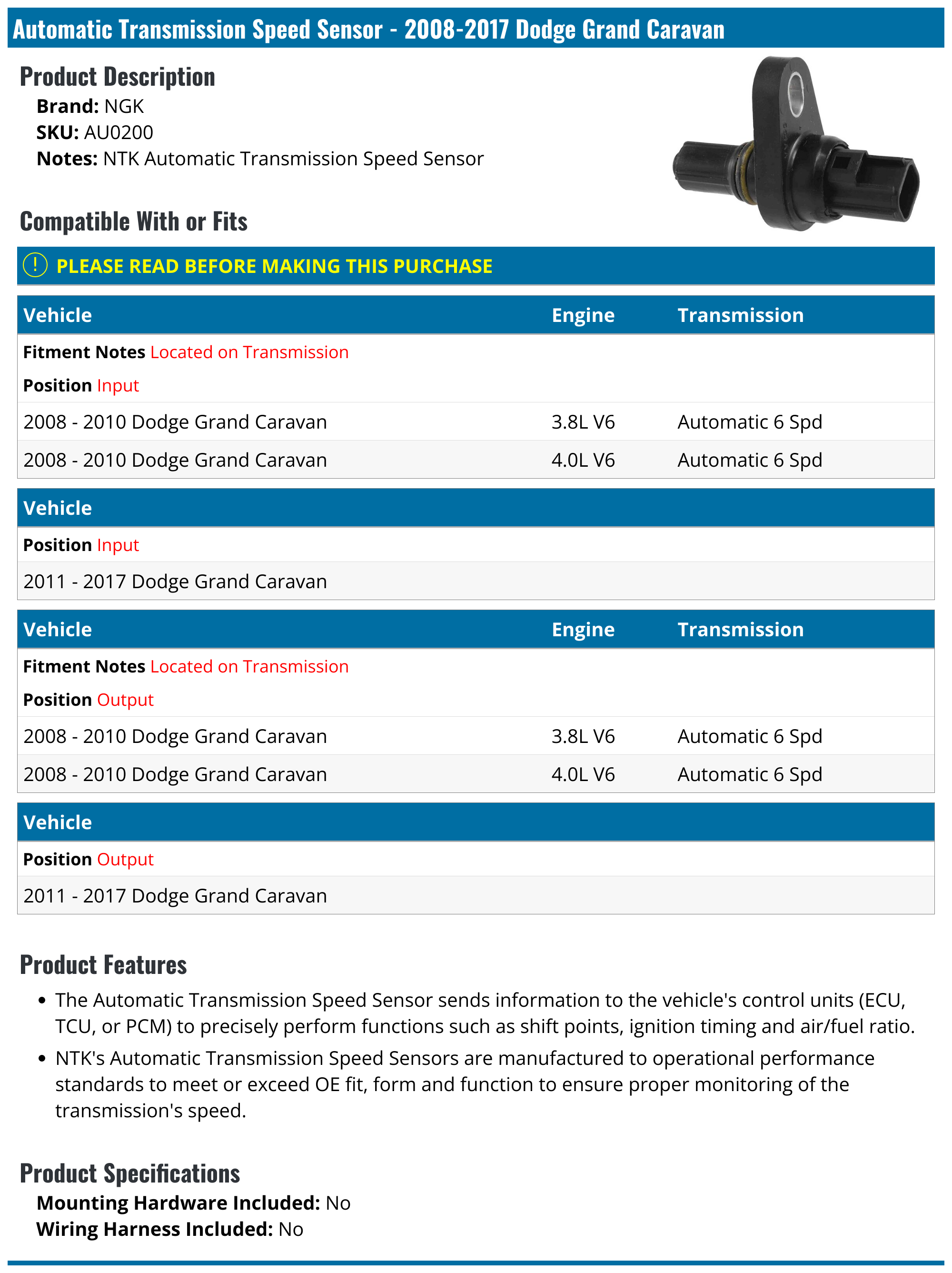 2008-2017 Dodge Grand Caravan Automatic Transmission Speed Sensor - NGK ...