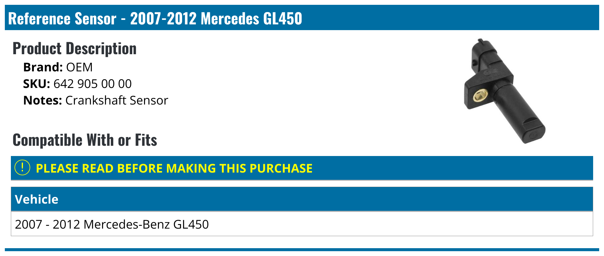 2007-2012 Mercedes GL450 Crank Position Sensor - OEM 642 905 00 00 ...