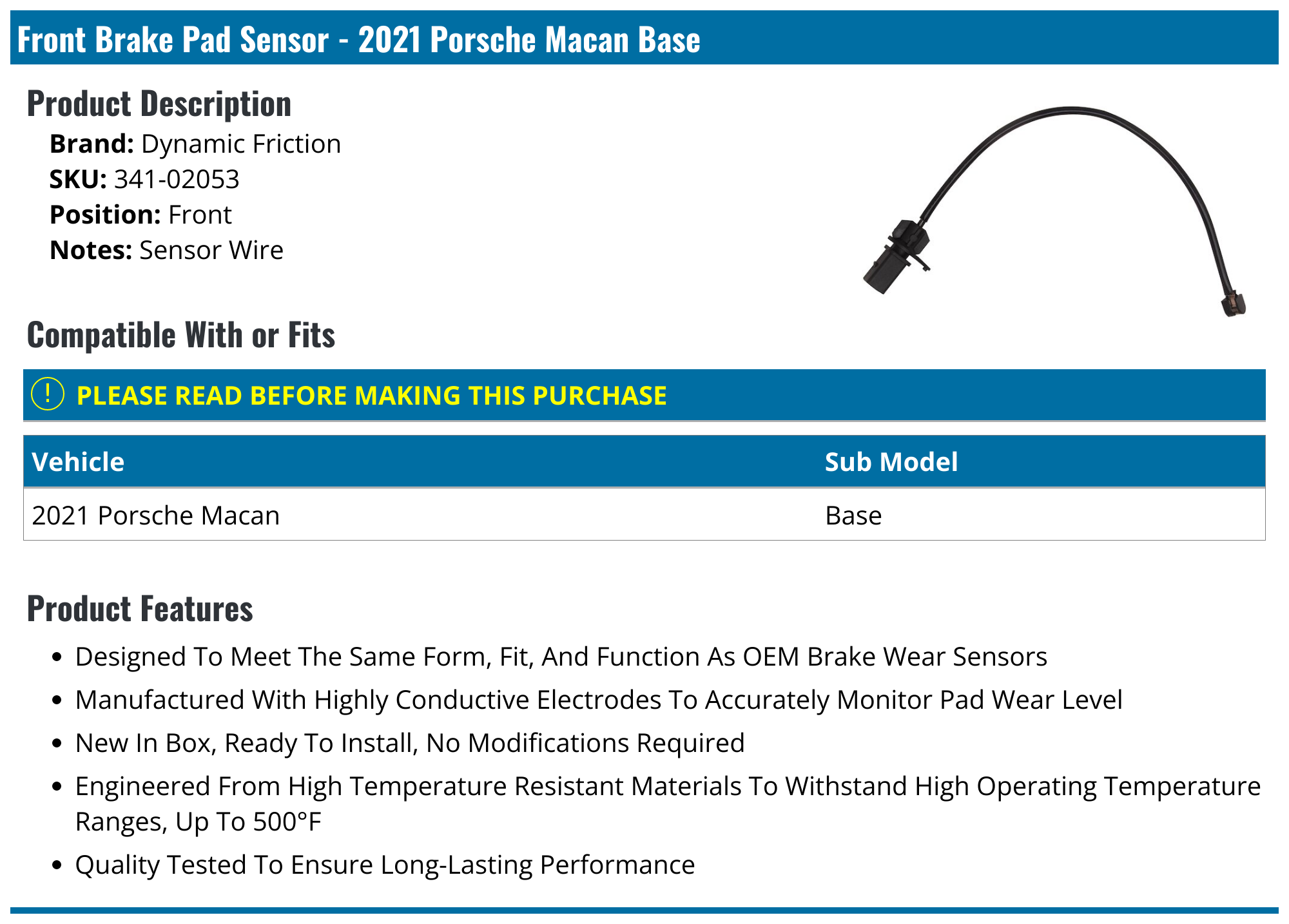2021-2023 Porsche Macan Brake Pad Sensor - Dynamic Friction 341-02053 ...