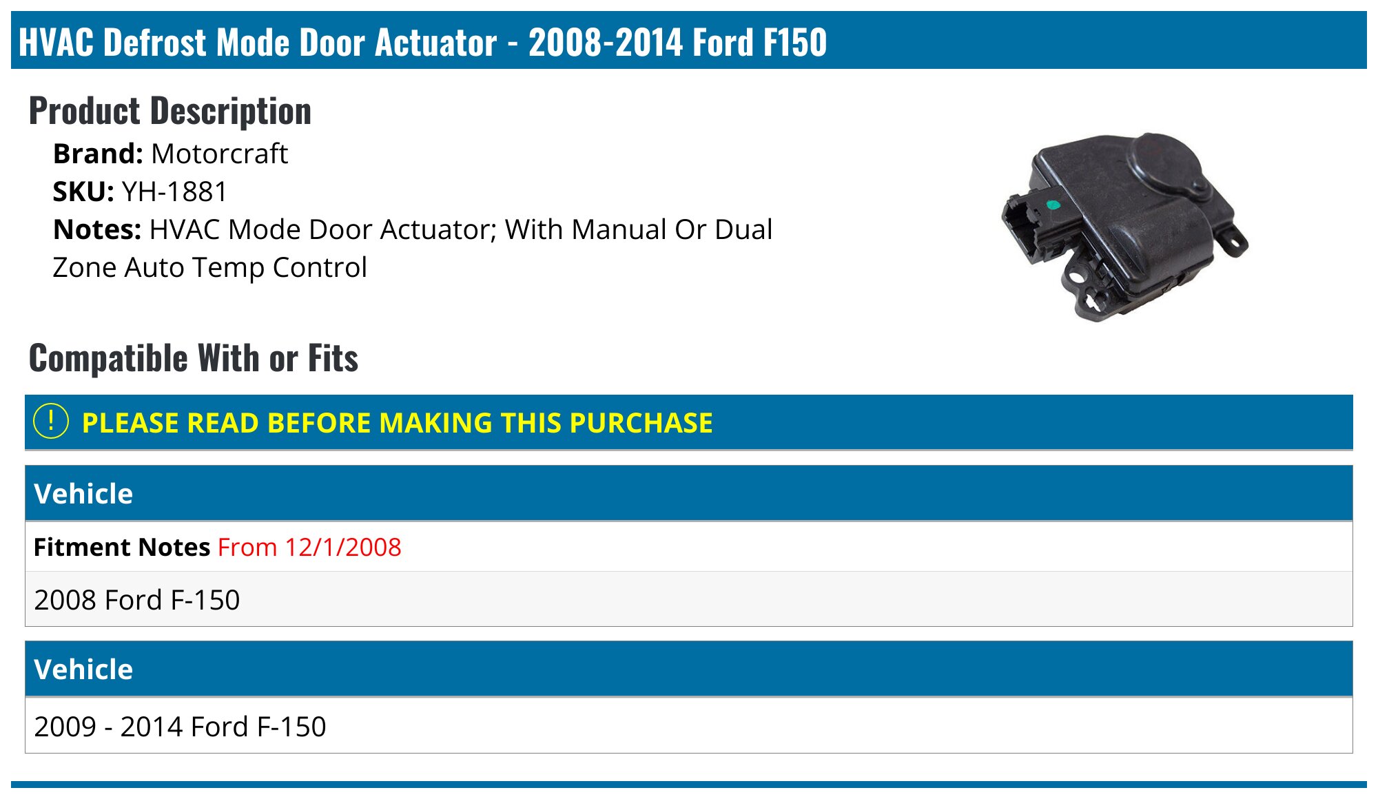 2008-2014 Ford F150 HVAC Defrost Mode Door Actuator - Motorcraft YH ...