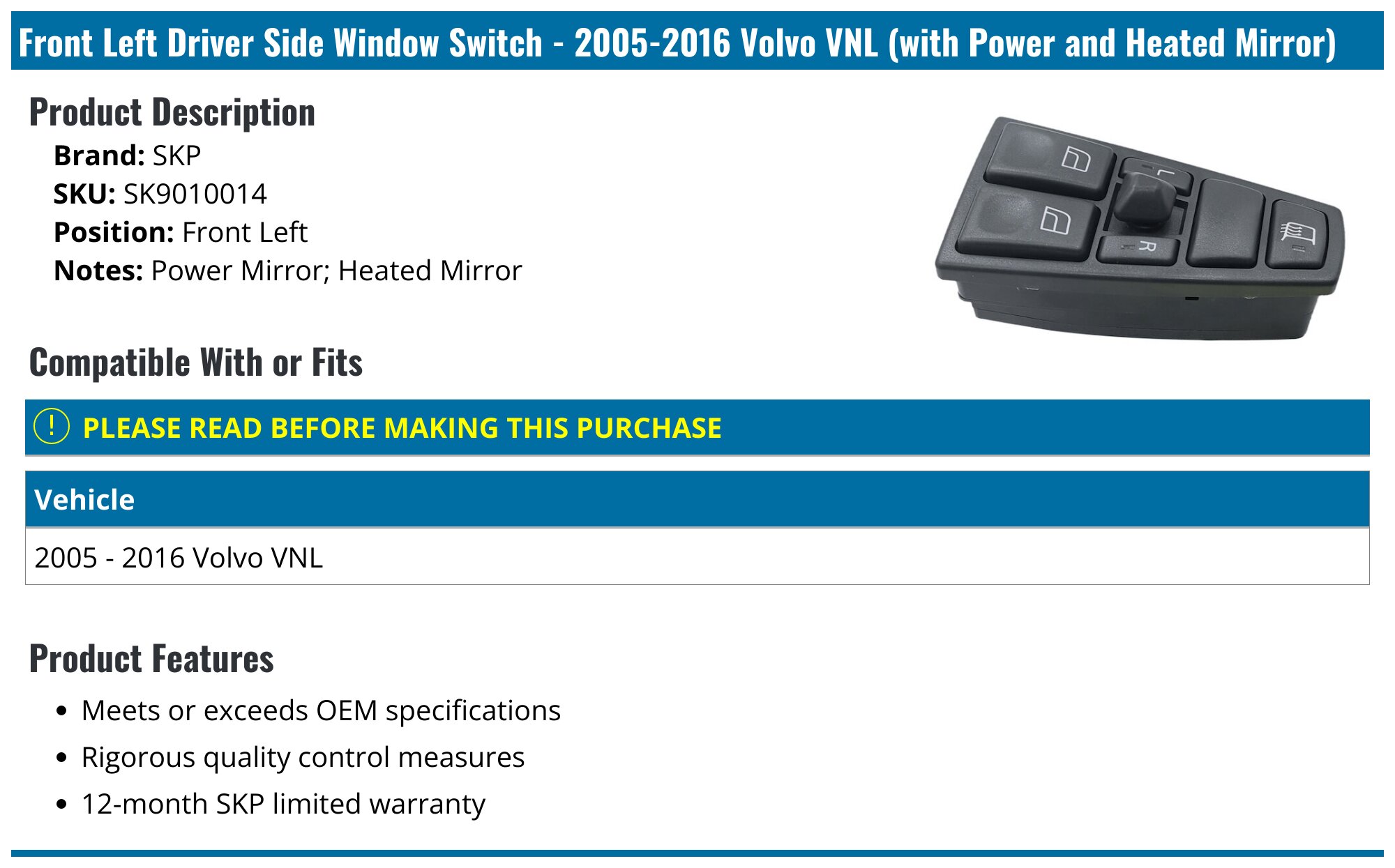 2005-2016 Volvo VNL Window Switch - SKP SK9010014 - Front Left ...