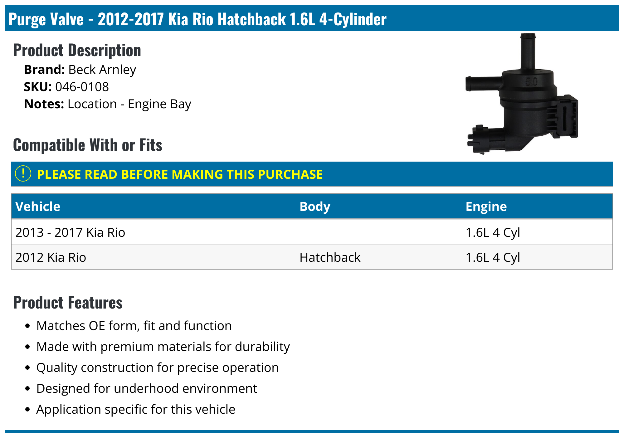 2012-2017 Kia Rio Purge Valve - Beck Arnley 046-0108 - PartsGeek.com