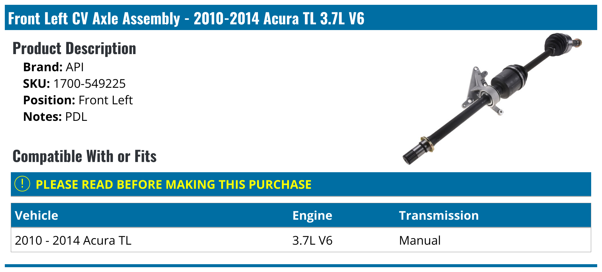2010-2014 Acura TL Axle Assembly - API 95908-07408647 - Front Left ...
