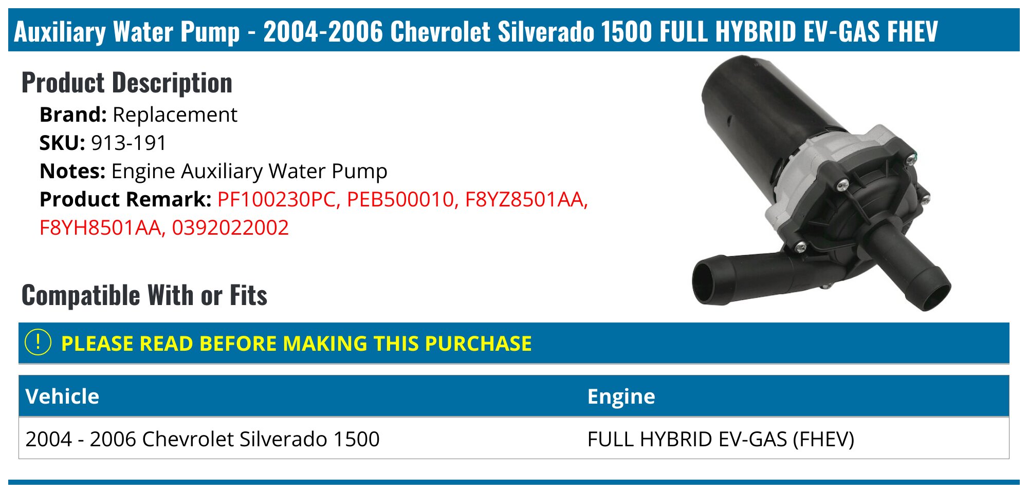 2004-2006 Chevrolet Silverado 1500 Water Pump - Replacement 913-191 ...