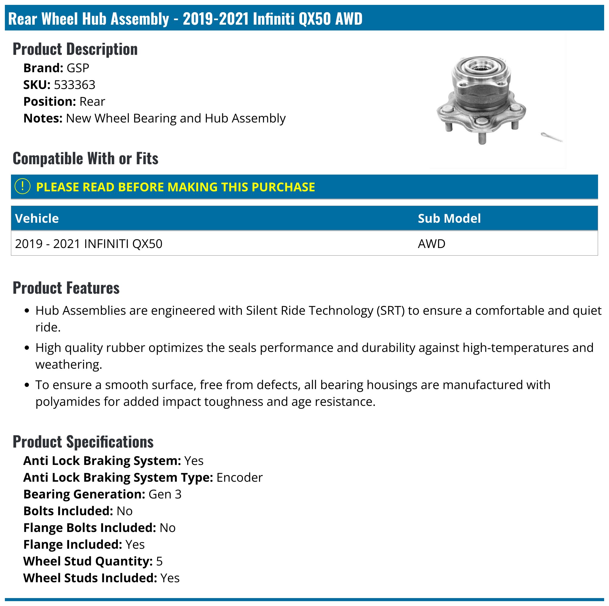 2019-2021 Infiniti QX50 Wheel Hub Assembly - GSP 533363 - Rear ...