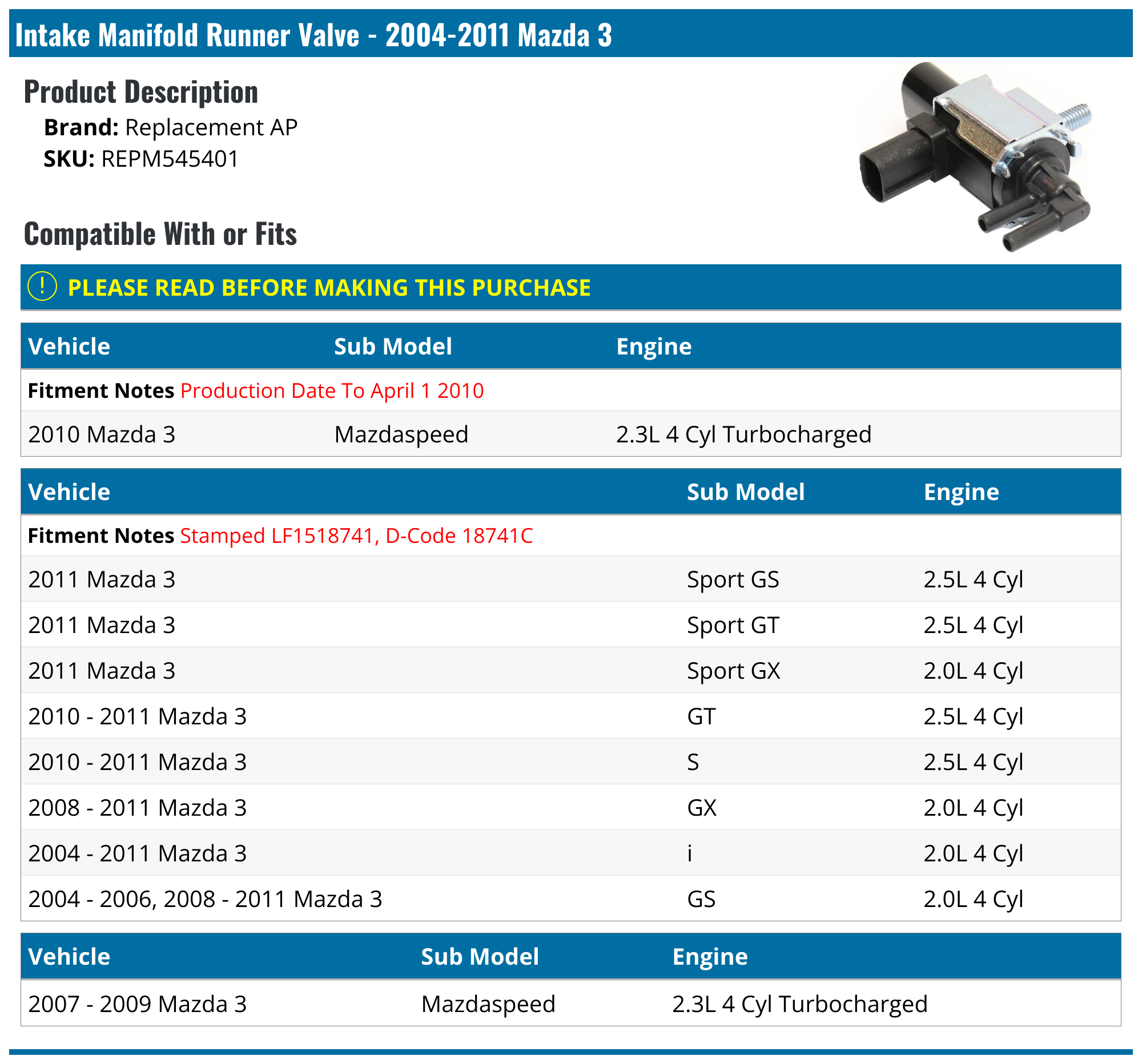 2004-2013 Mazda 3 Intake Manifold Runner Valve - Replacement AP ...