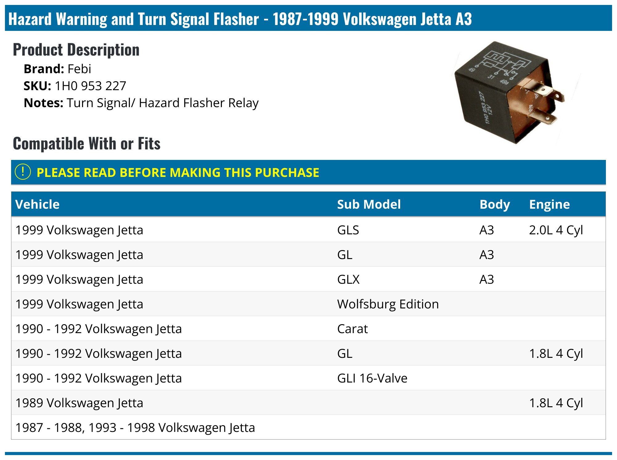 1987-1999 Volkswagen Jetta Hazard Warning Flasher - Febi 1H0 953 227 ...