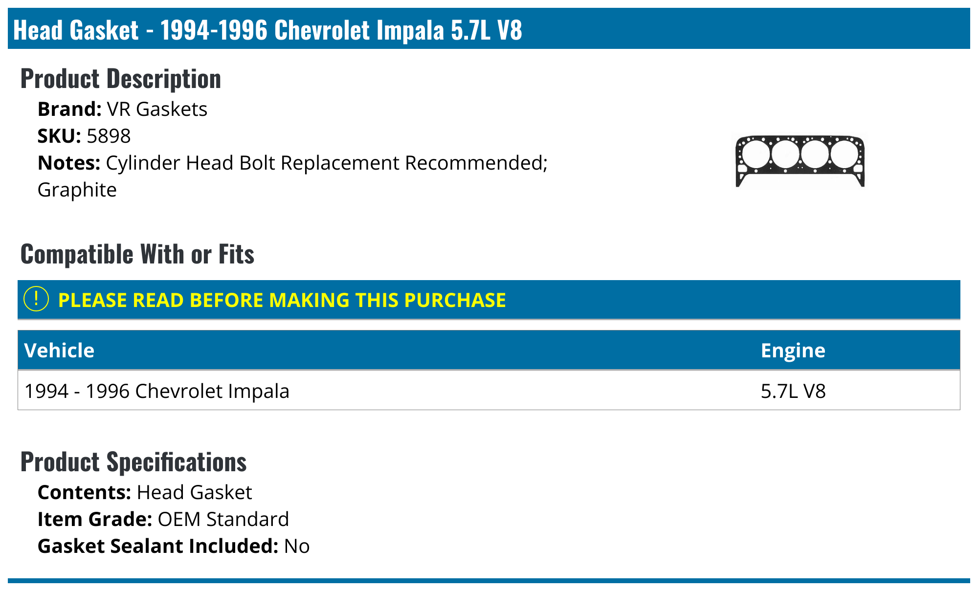1994-1996 Chevrolet Impala Head Gasket - VR Gaskets 5898 - PartsGeek.com