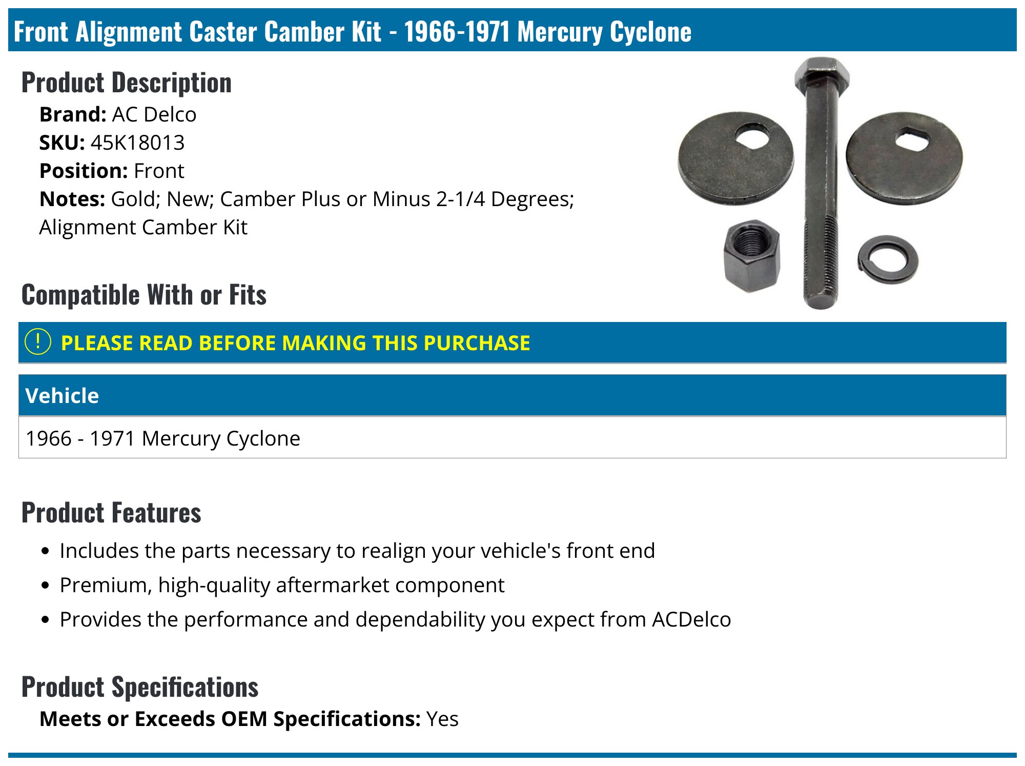 1966-1971 Mercury Cyclone Alignment Caster Camber Kit - AC Delco ...