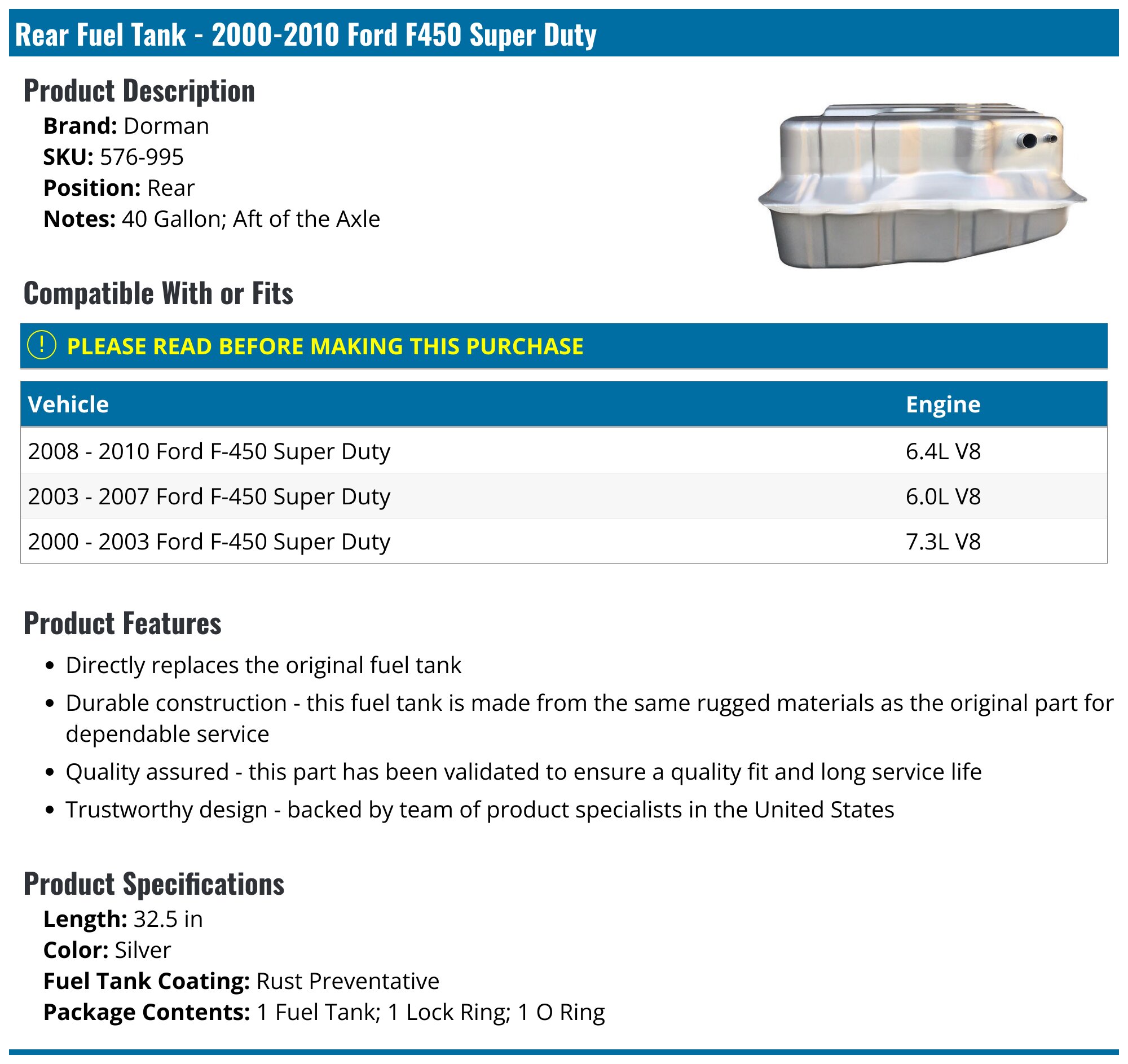 2000-2010 Ford F450 Super Duty Fuel Tank - Dorman 576-995 - Rear ...