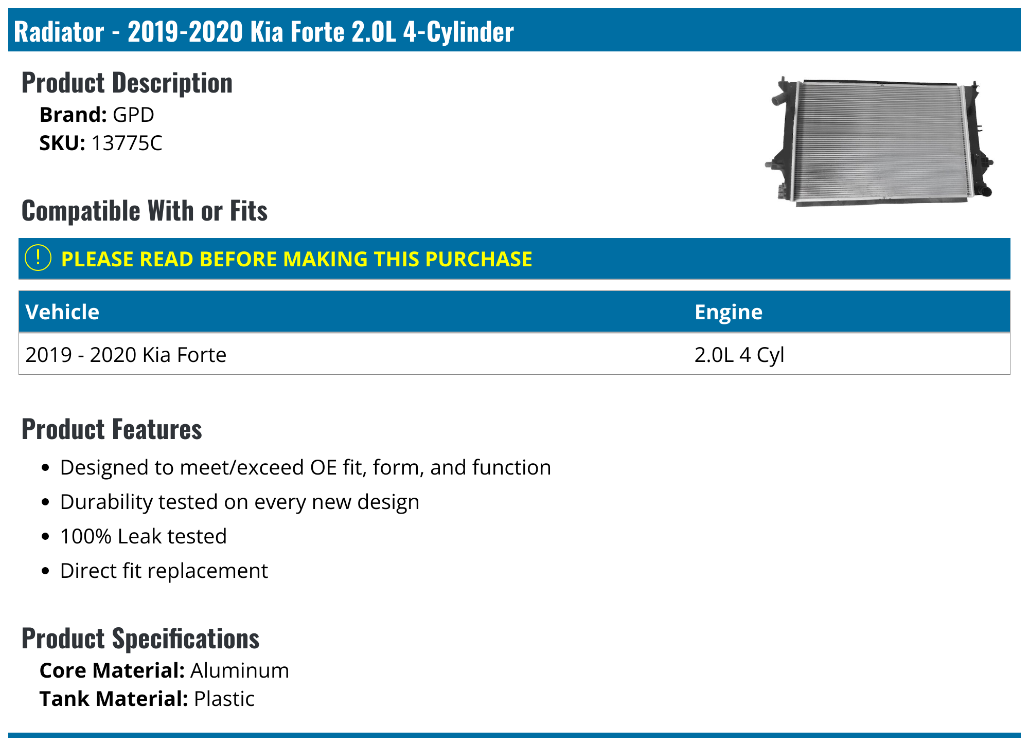 2019-2023 Kia Forte Radiator - GPD 13775C - PartsGeek.com