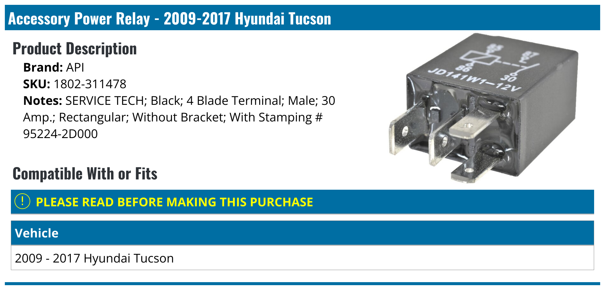 2009-2017 Hyundai Tucson Accessory Power Relay - API 30316-07754193 ...