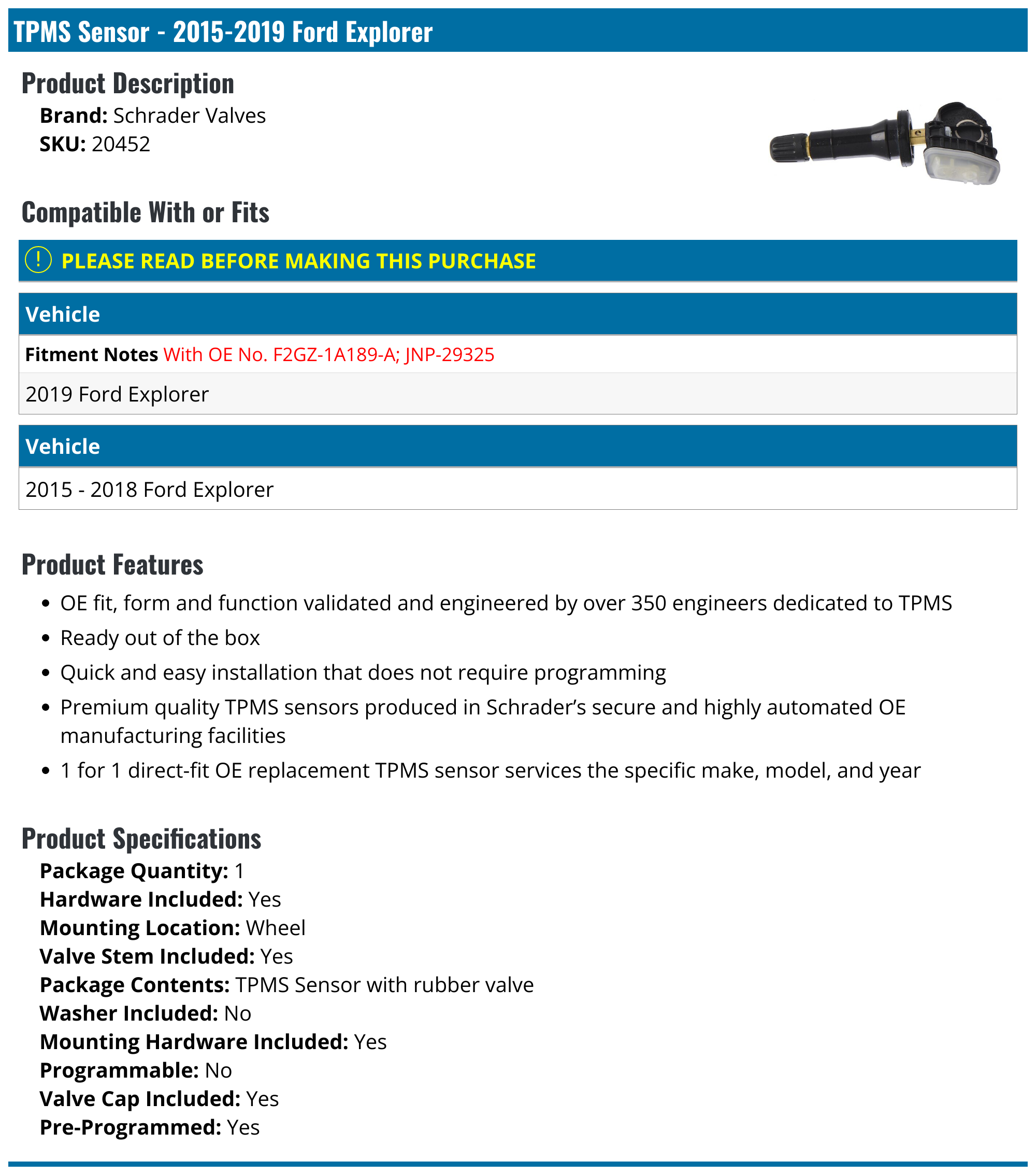2015-2019 Ford Explorer Tire Pressure Monitoring Sensor - Schrader ...