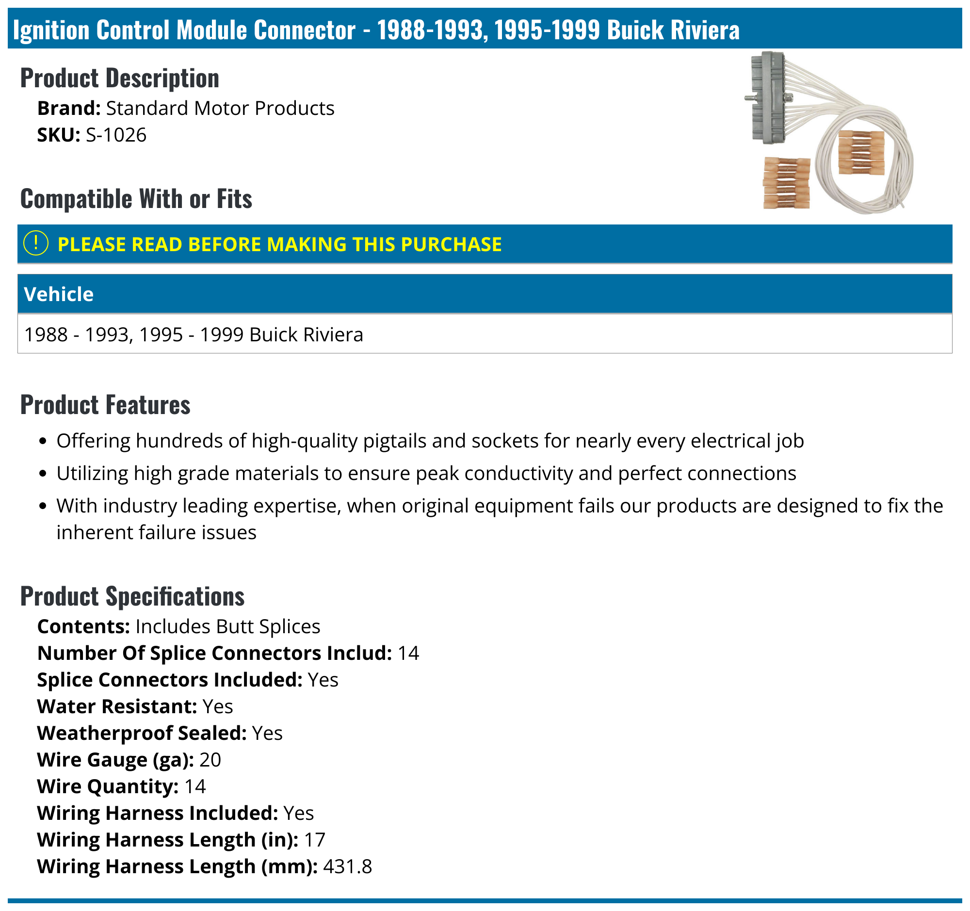 1988-1993, 1995-1999 Buick Riviera Ignition Control Module Connector ...