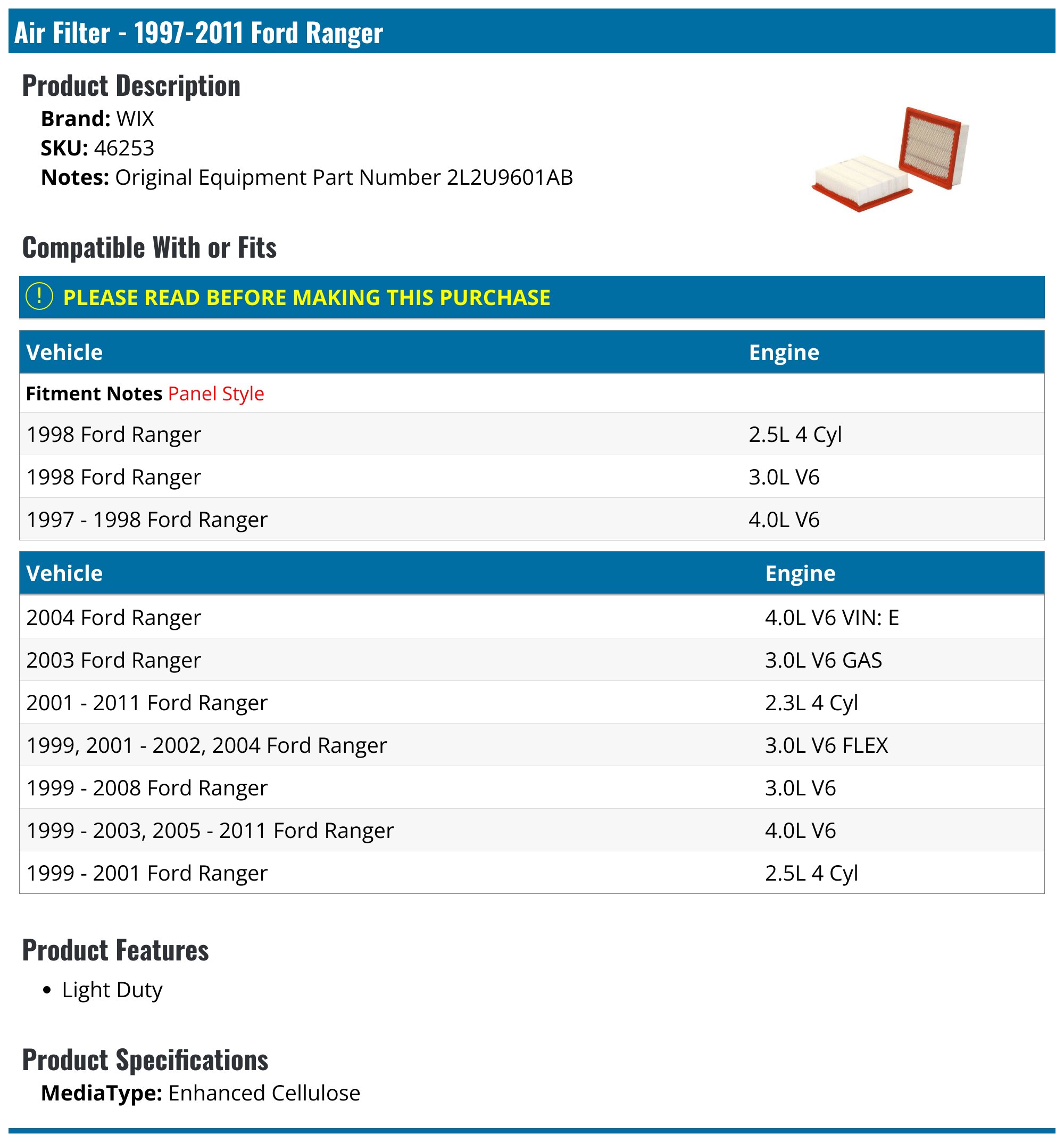 1997-2011 Ford Ranger Air Filter - WIX 46253 - PartsGeek.com