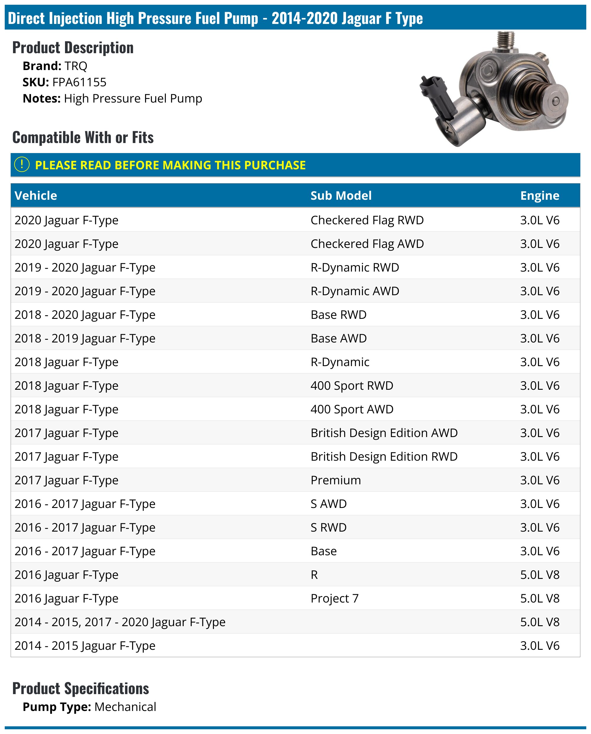 2014-2022 Jaguar F Type Fuel Pump - TRQ FPA61155 - PartsGeek.com