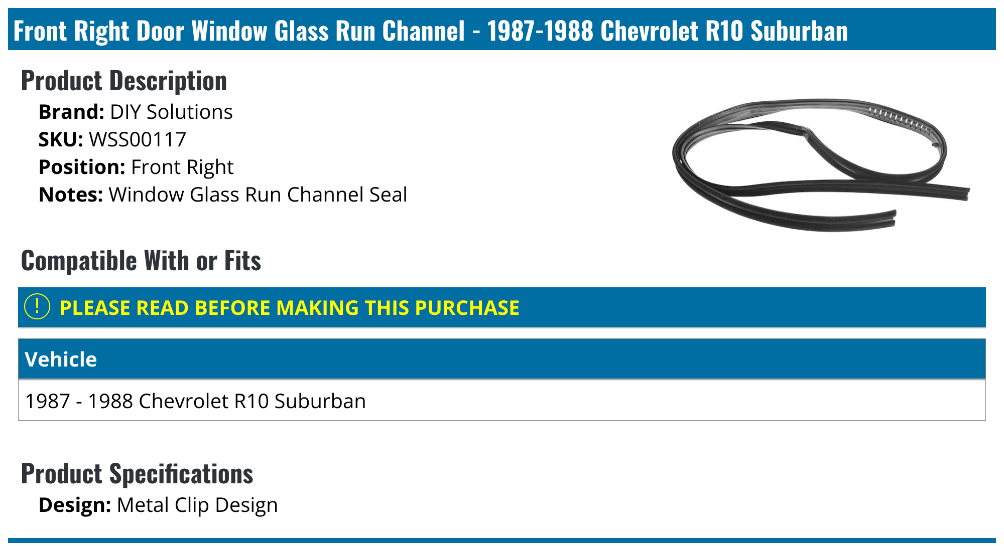 1987-1988 Chevrolet R10 Suburban Door Window Glass Run Channel - DIY ...