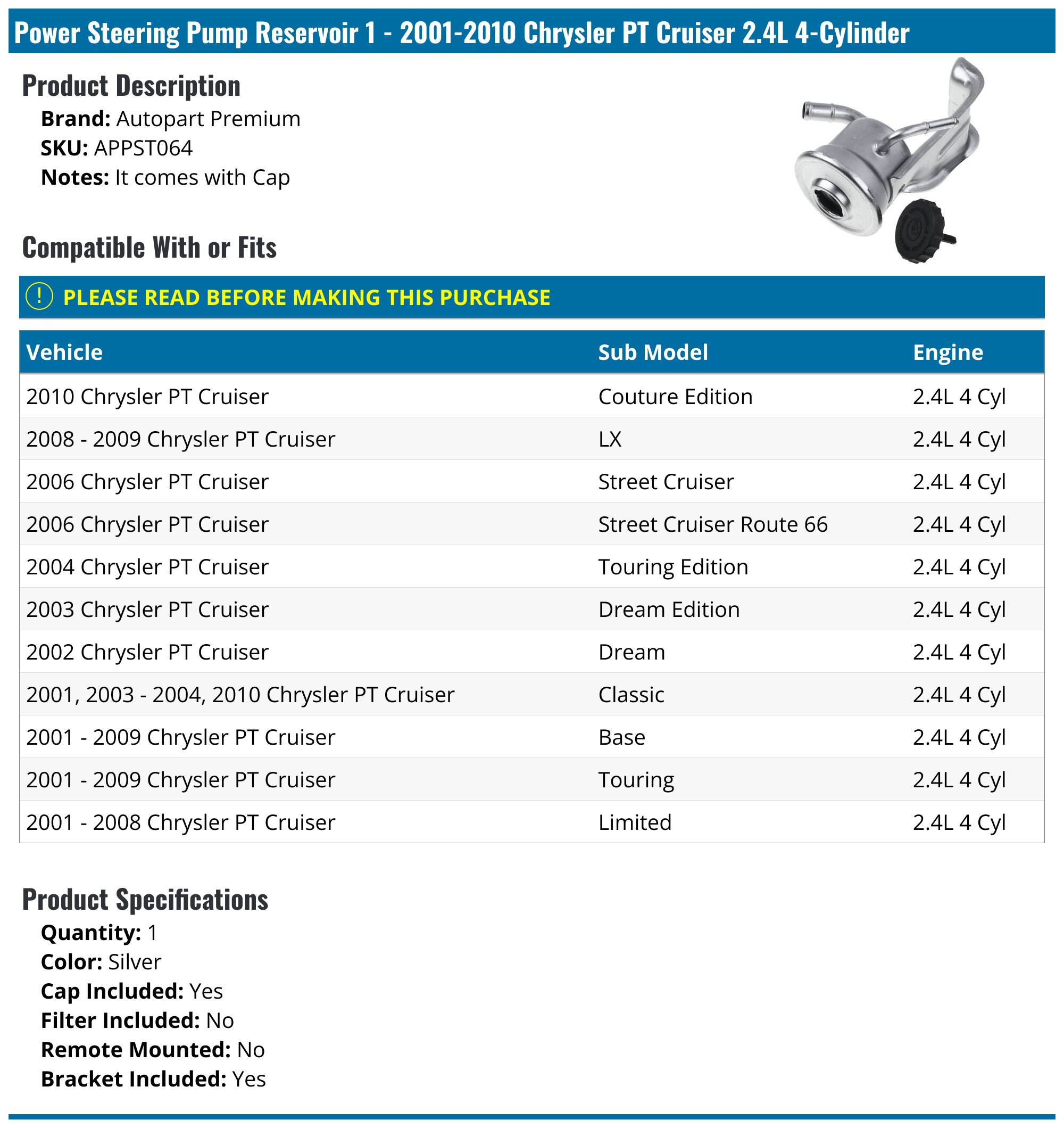 2001-2010 Chrysler PT Cruiser Power Steering Reservoir - Autopart ...