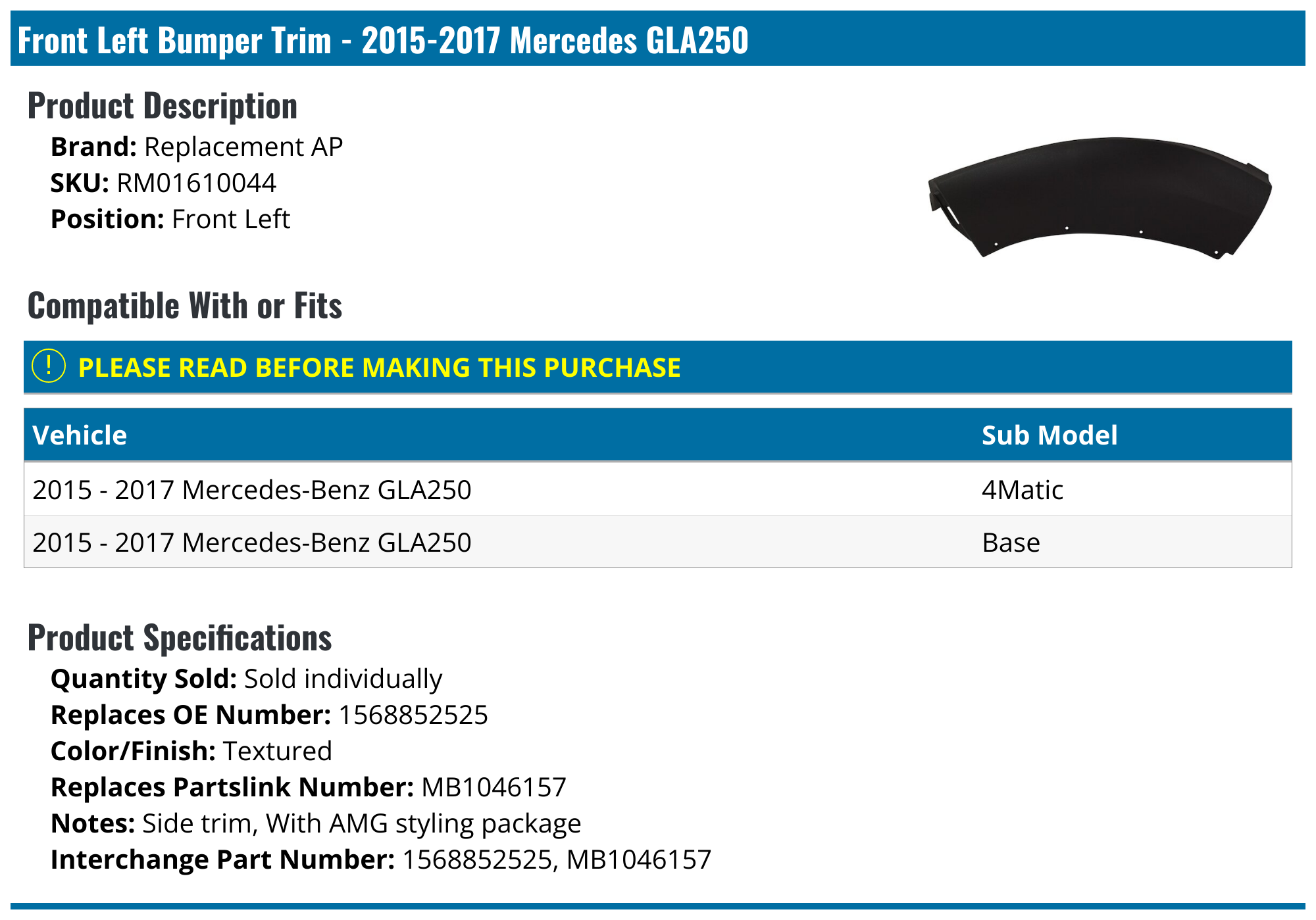 2015-2017 Mercedes GLA250 Bumper Trim - Replacement AP RM01610044 ...