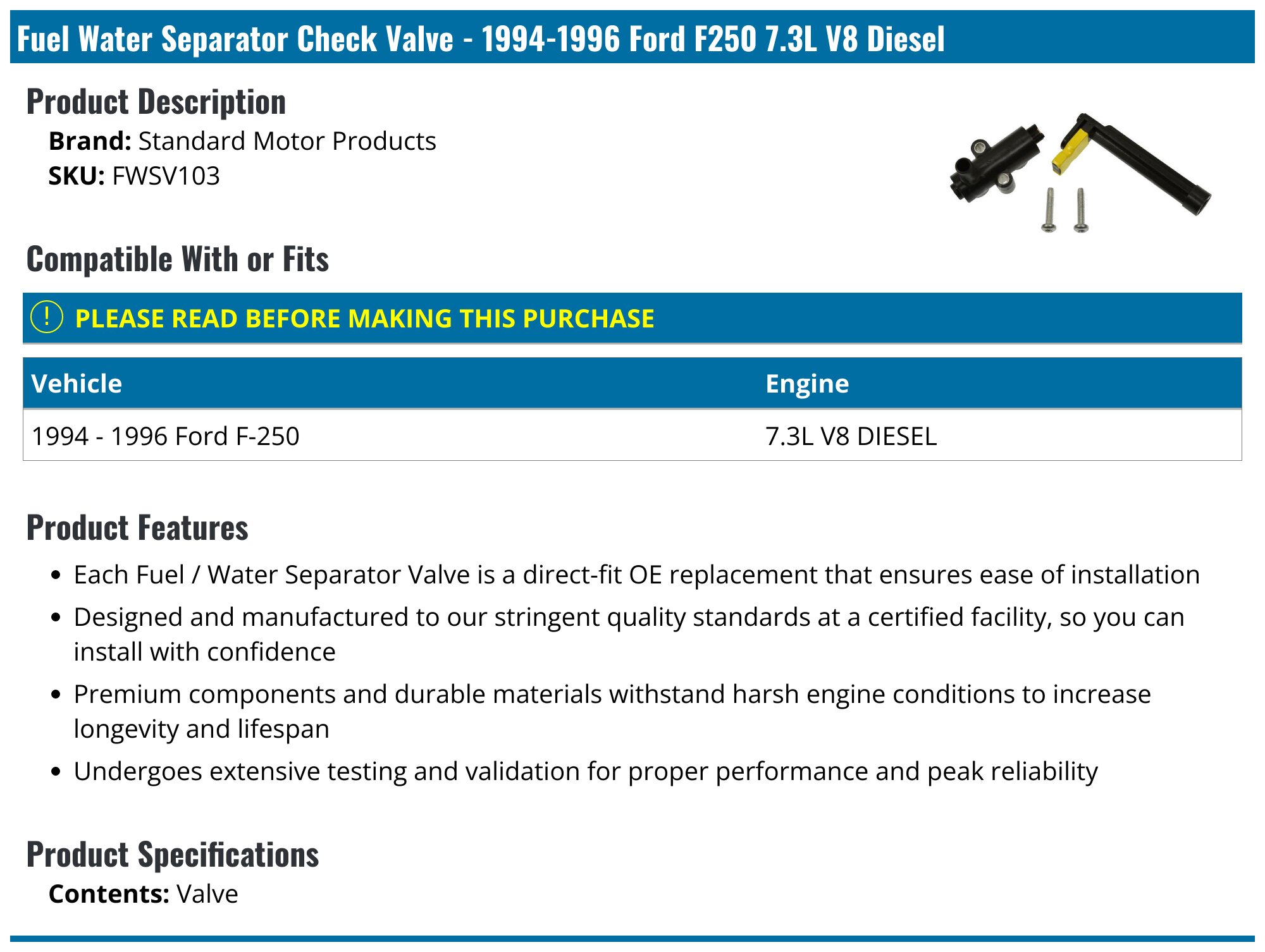 1994-1996 Ford F250 Fuel Water Separator Check Valve - Standard Motor ...