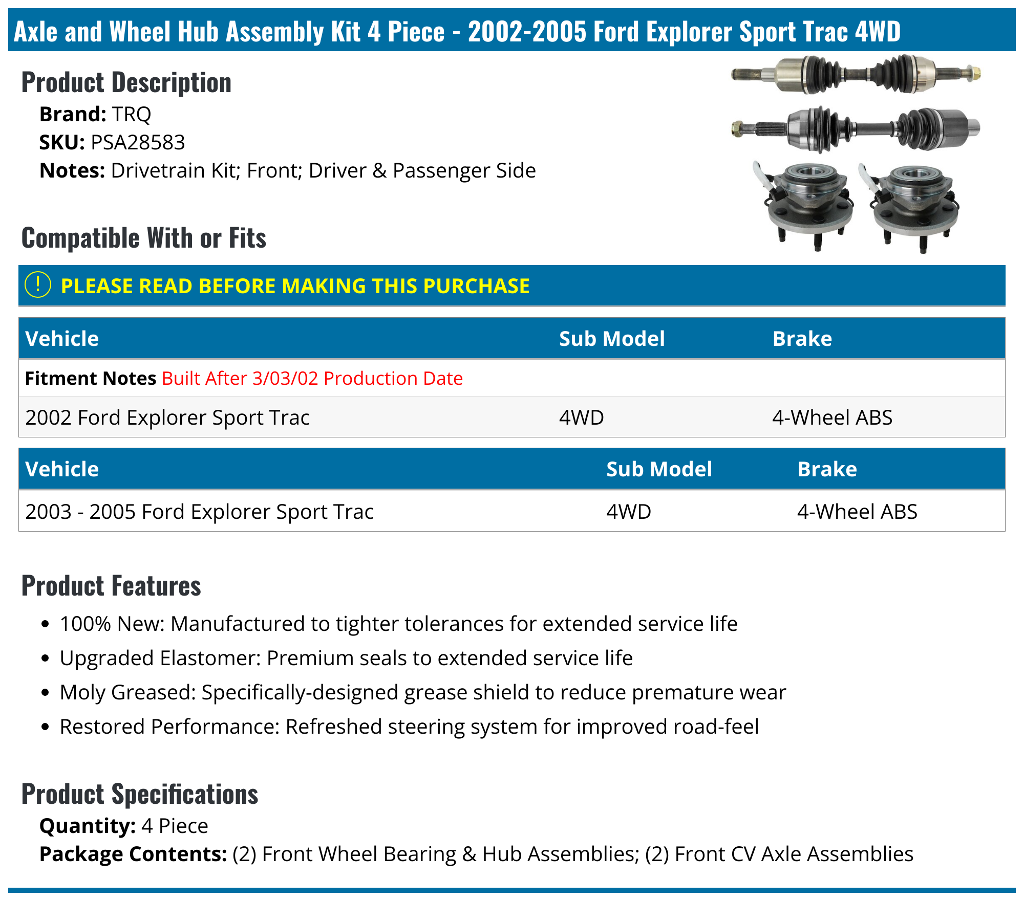 2003-2005 Ford Explorer Sport Trac Axle Assembly - TRQ PSA28583 ...