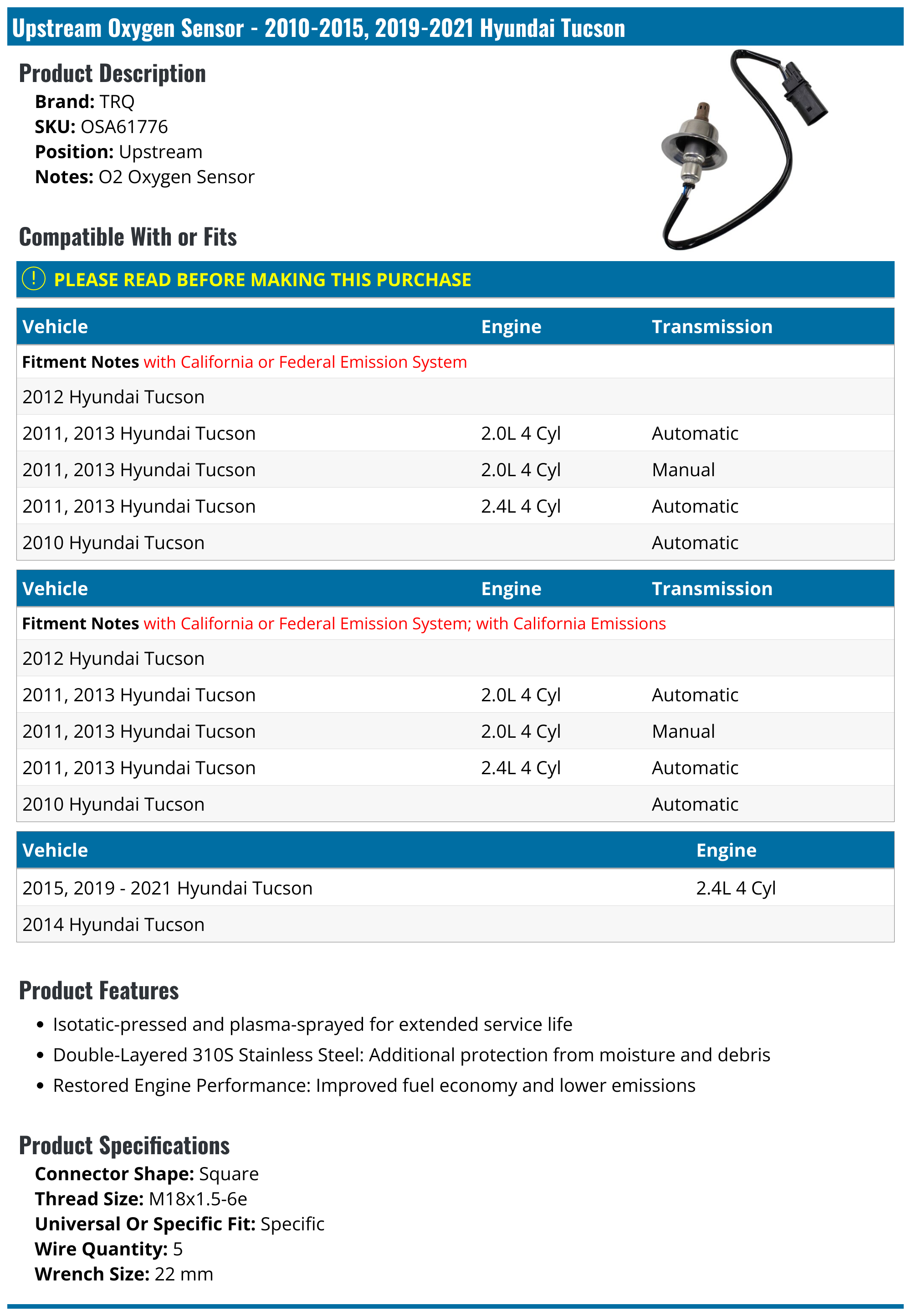 2010-2015, 2018-2021 Hyundai Tucson Oxygen Sensor - TRQ OSA61776 ...
