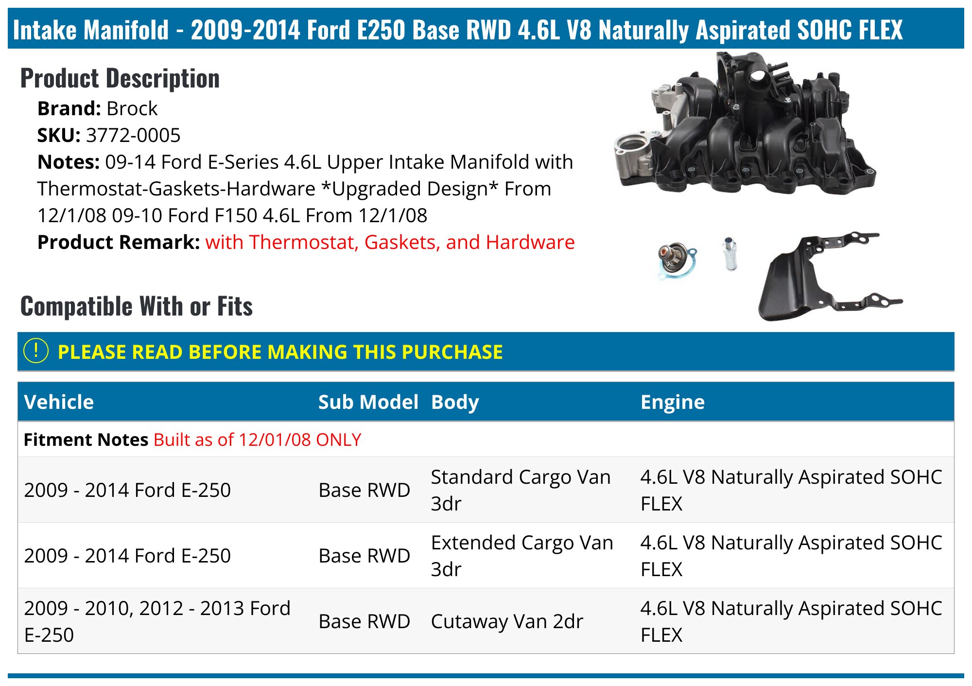 2009-2014 Ford E250 Intake Manifold - Brock 3772-0005 - - PartsGeek.com