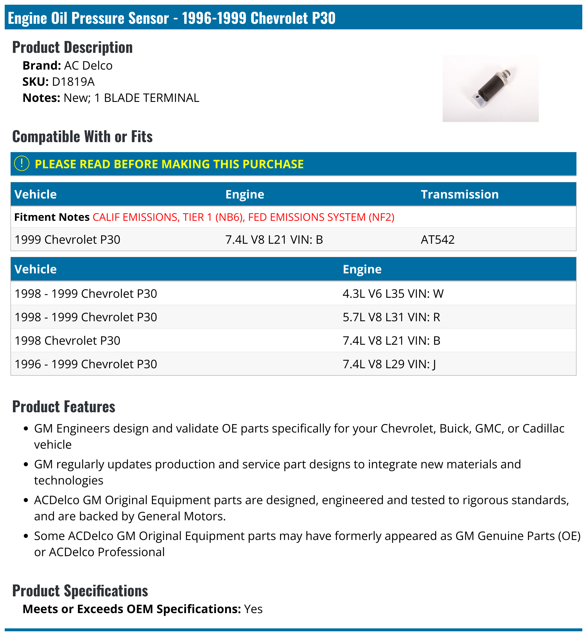 1996-1999 Chevrolet P30 Engine Oil Pressure Sensor - AC Delco D1819A ...