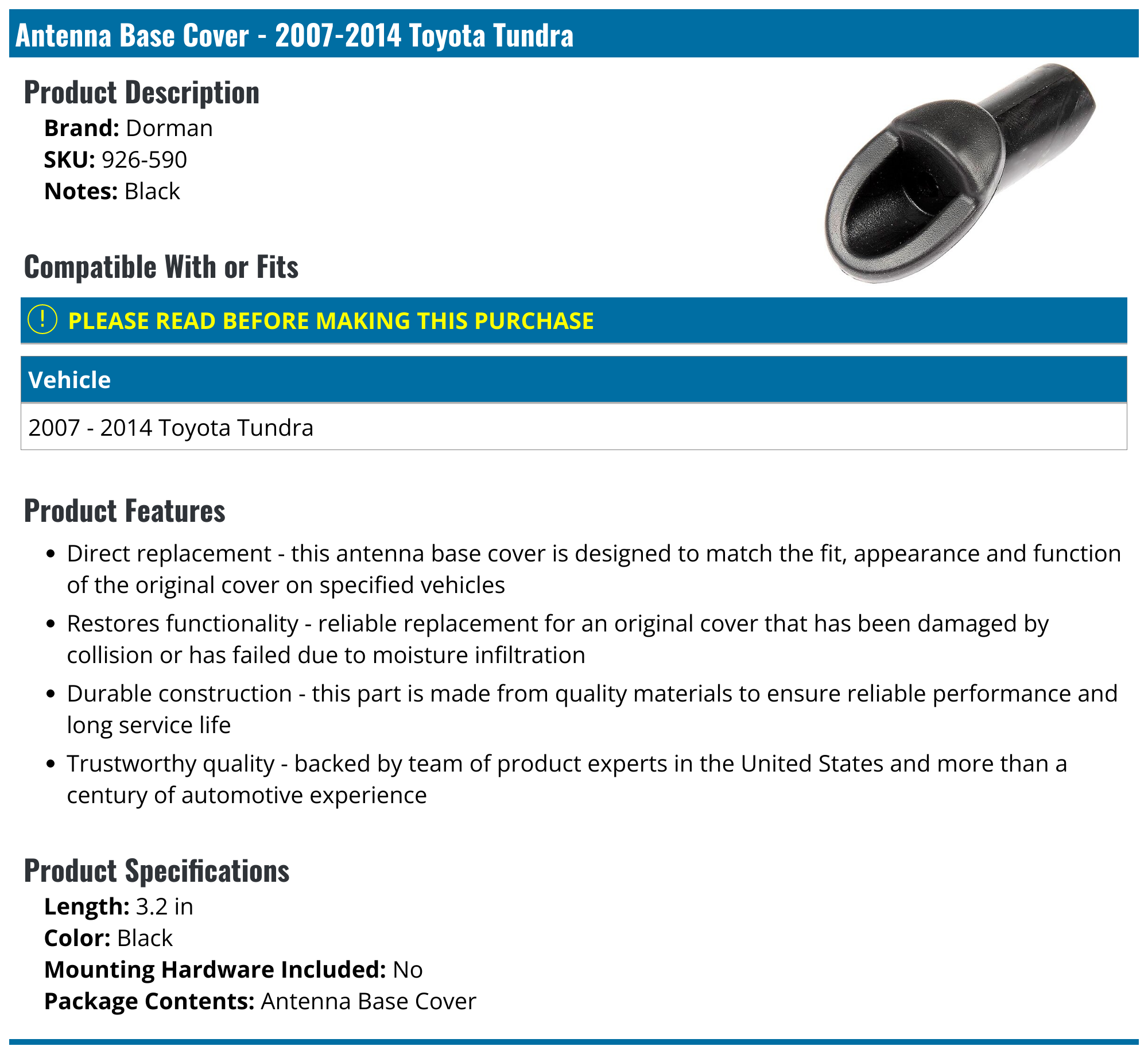 2007-2014 Toyota Tundra Antenna Base Cover - Dorman 926-590 - PartsGeek.com