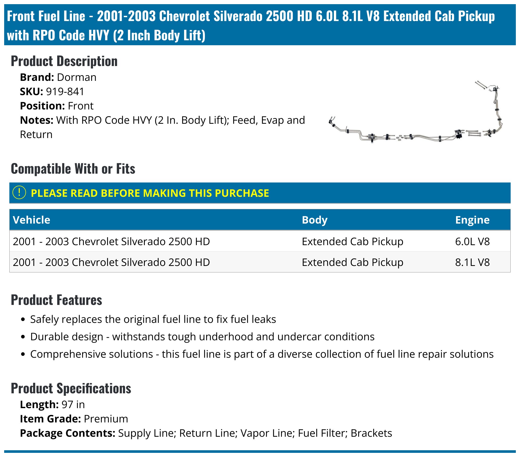 2001-2003 Chevrolet Silverado 2500 HD Fuel Line - Dorman 919-841 ...