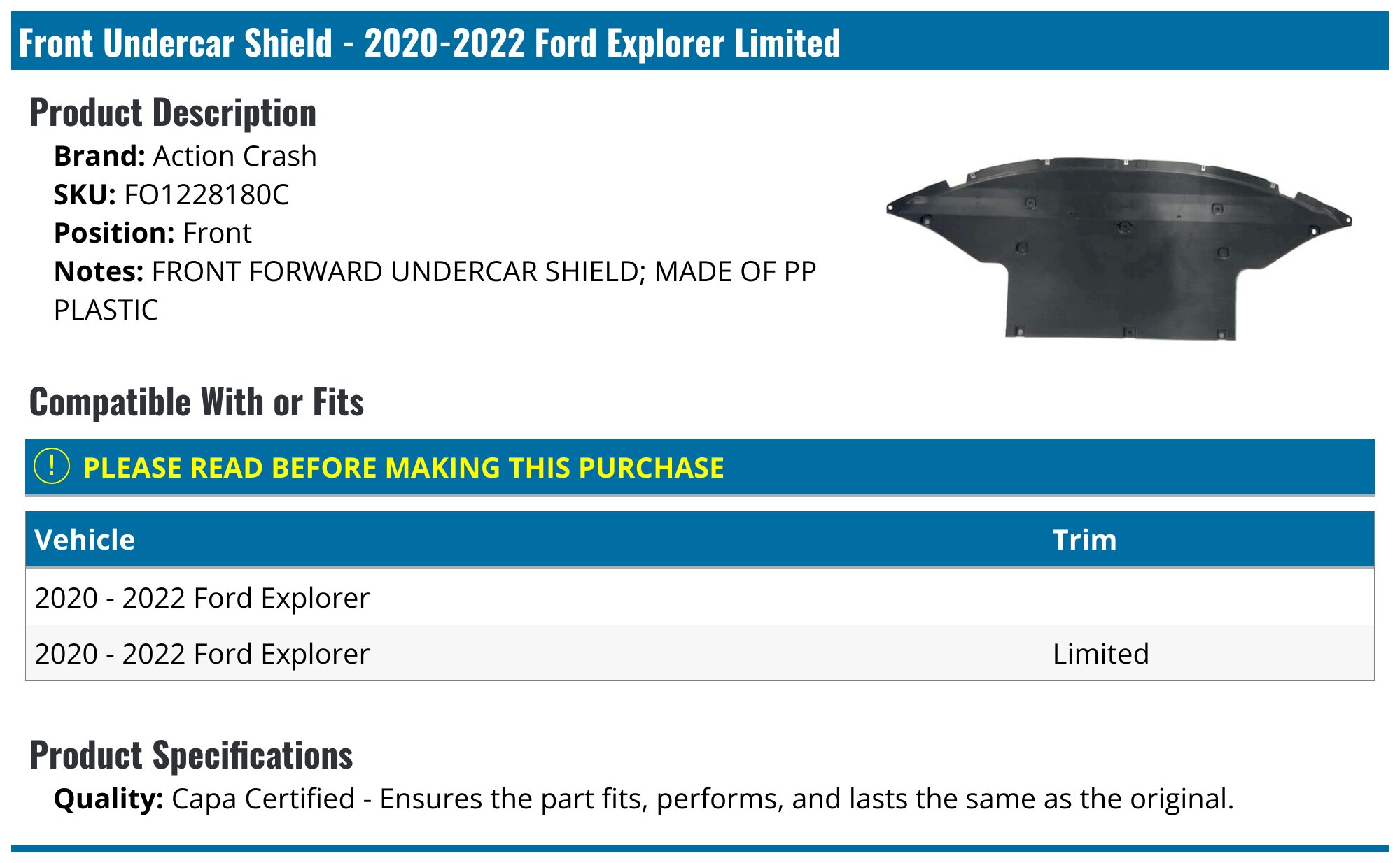 Ford Explorer Skid Plate - Engine Cover - Action Crash Autopart Premium ...