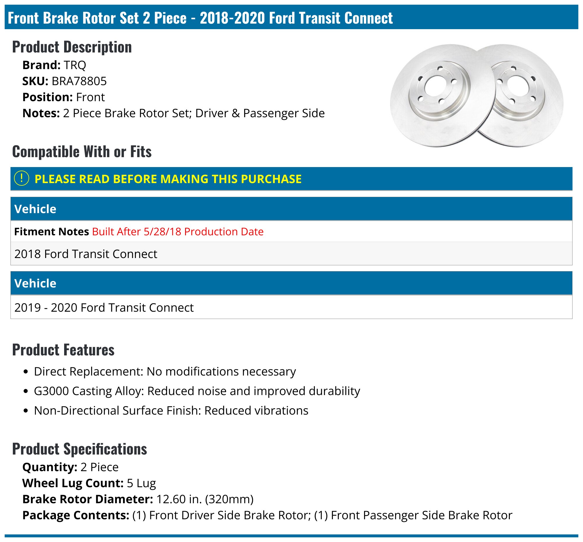2018-2023 Ford Transit Connect Brake Rotor - TRQ BRA78805 - Front ...